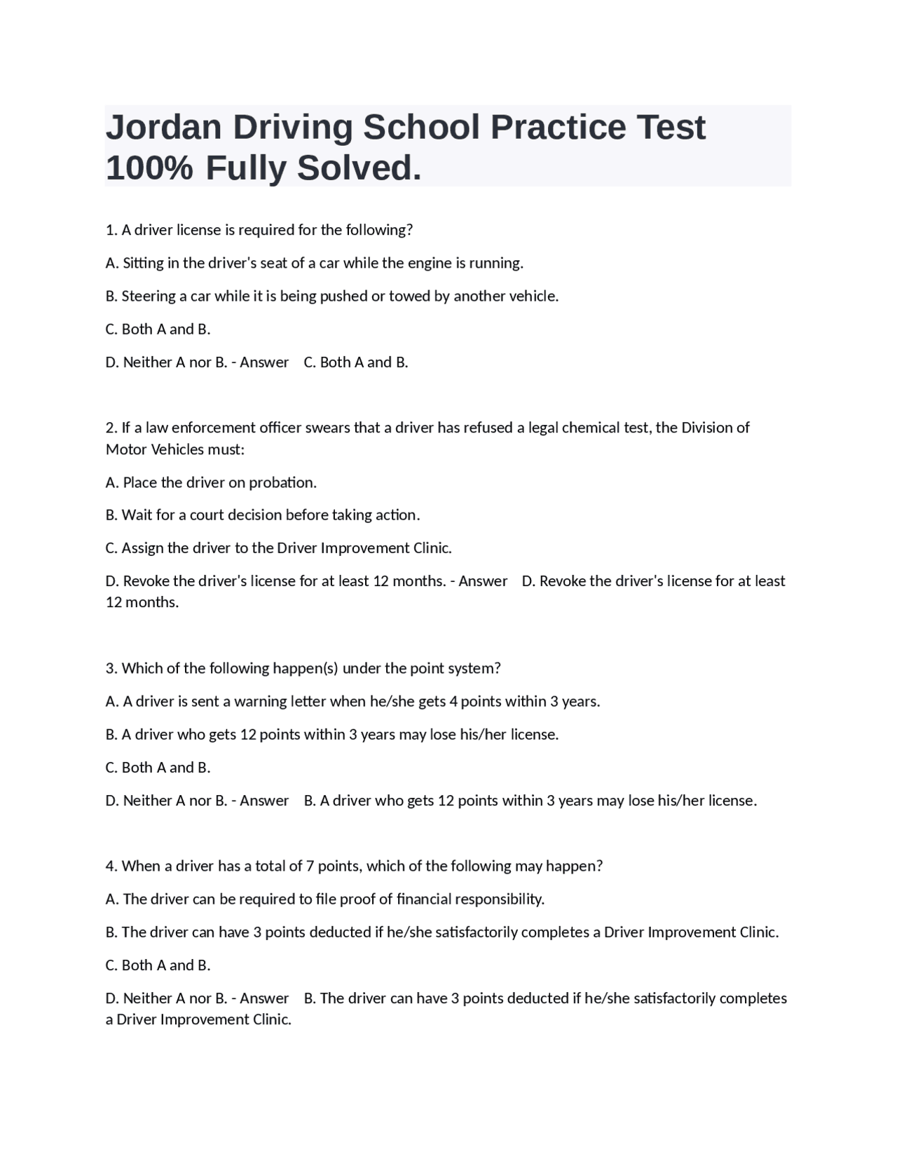 Jordan Driving School Practice Test 100% Fully Solved. | Exams Advanced ...