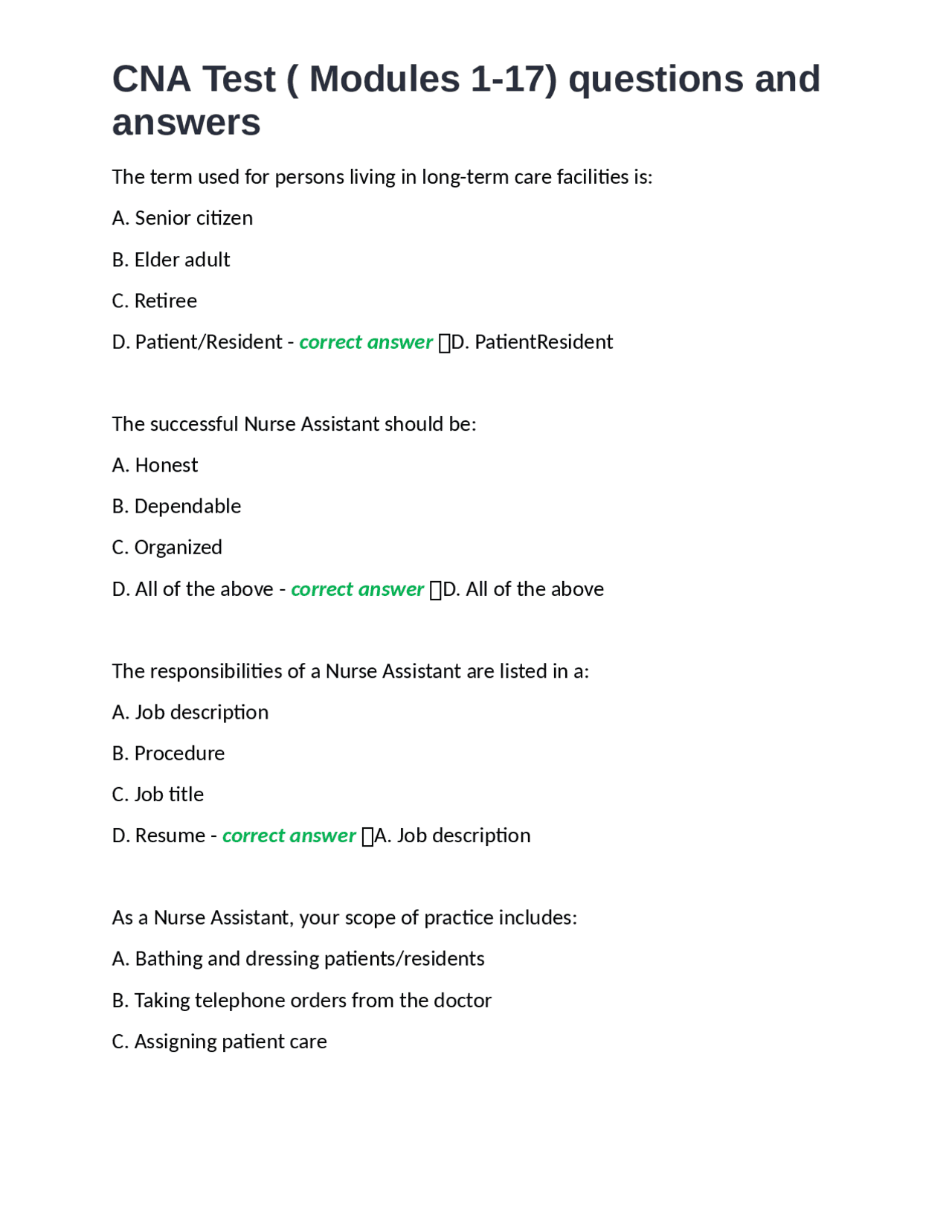 CNA Test (Modules 1-17) Questions & Answers: Nursing Assistant ...