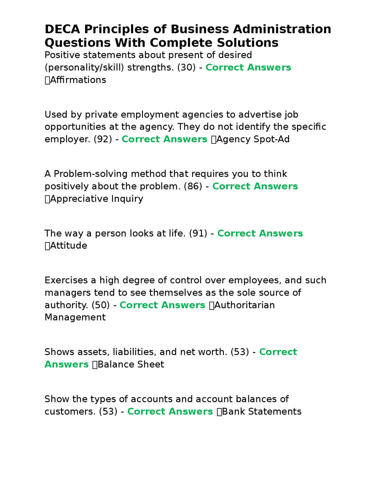 DECA Principles of Business Administration: Questions and Answers ...