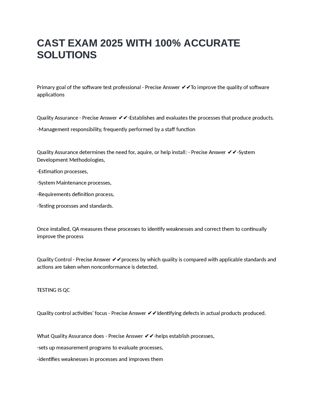 CAST EXAM 2025 WITH 100% ACCURATE SOLUTIONS | Exams Nursing | Docsity