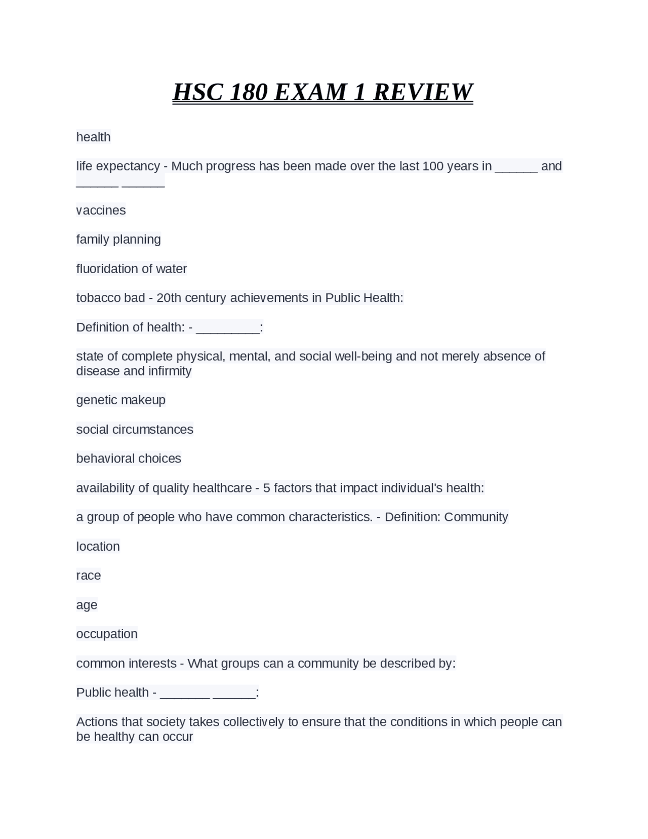 HSC 180 Exam 1 Review: Public Health Concepts and Principles | Exams ...