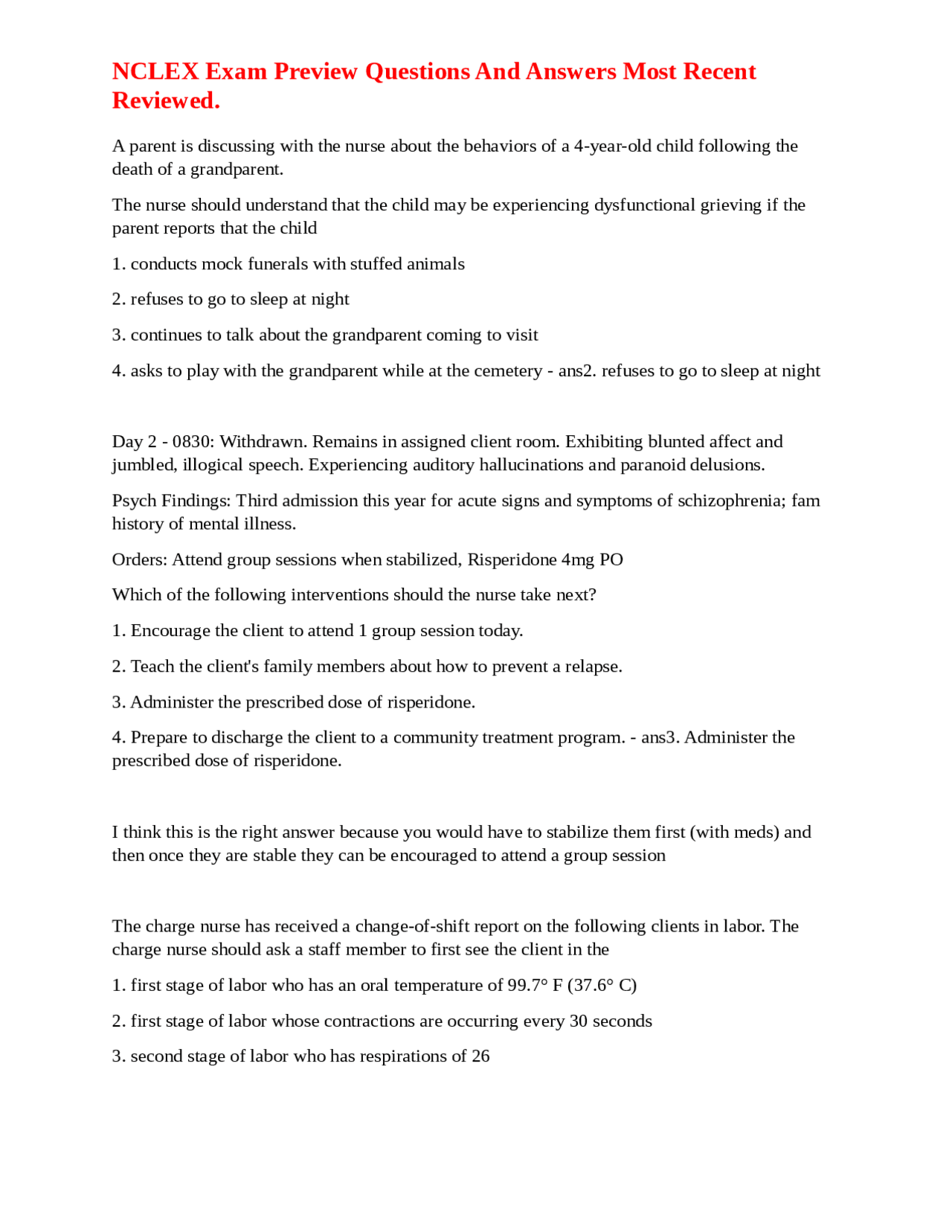 NCLEX Exam Preview Questions And Answers Most Recent Reviewed. | Exams ...