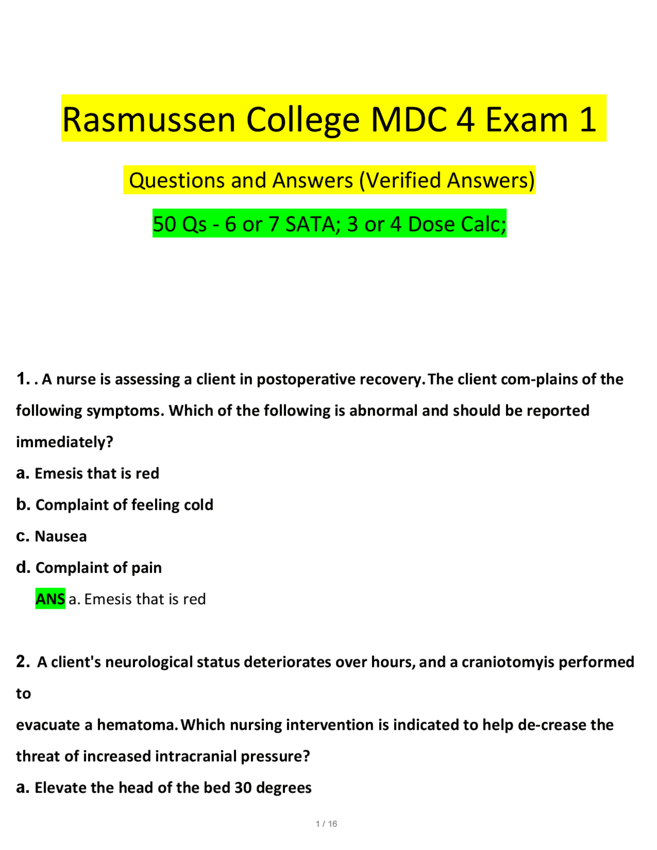 Multidimensional Care NUR 2755 MDC 4 Exam 1 Questions & Answers 2025 / ...