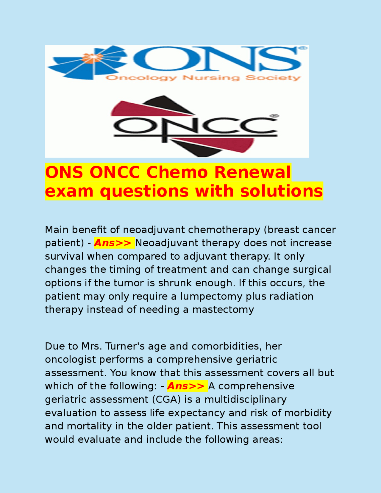 Chemotherapy Renewal Exam Questions and Answers | Exams Nursing | Docsity