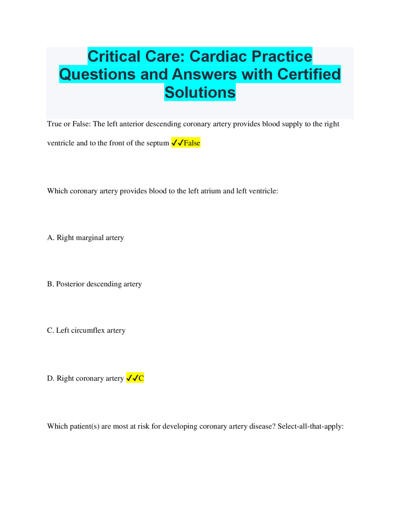 Critical Care: Cardiac Practice Questions and Answers with Certified ...