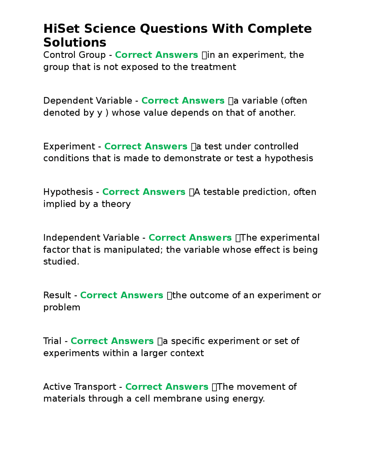 HiSet Science Questions With Complete Solutions | Exams Nursing | Docsity