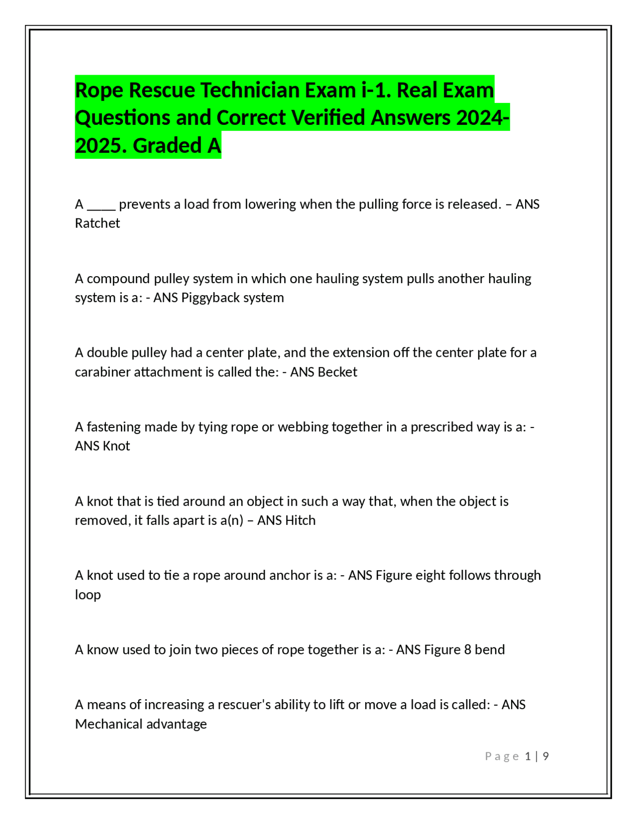 Rope Rescue Technician Exam i-1. Real Exam Questions & Correct Verified Answers 2024-2025 ...