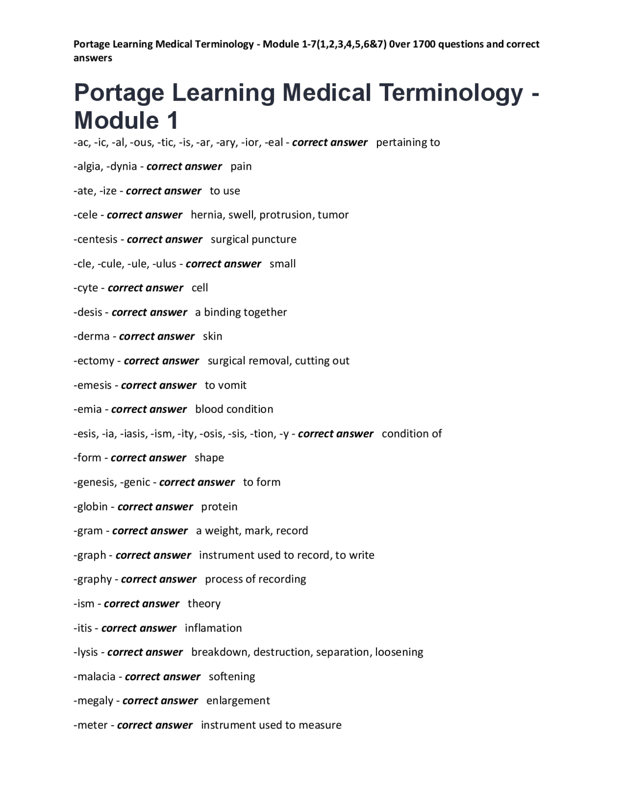Portage Learning Medical Terminology - Module 1-7(1,2,3,4,5,6&7) 0ver ...
