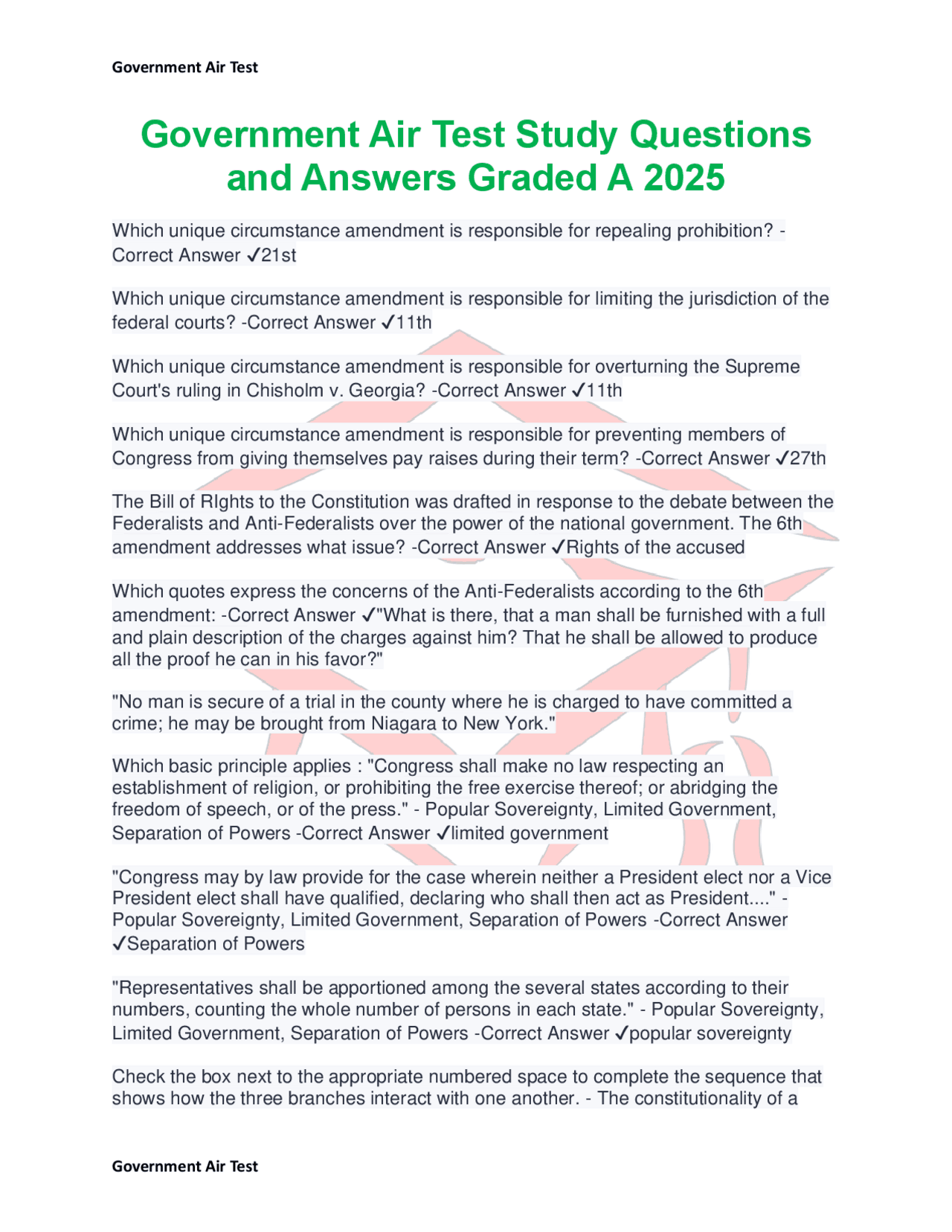 US Government and Constitution Study Questions and Answers | Exams Law ...