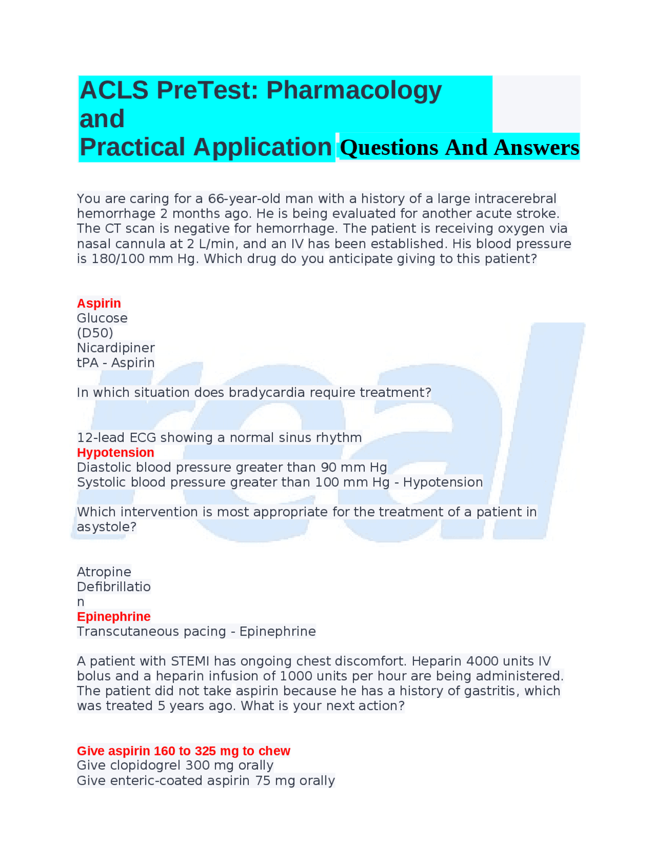 ACLS PreTest: Pharmacology and Practical Application Questions And ...
