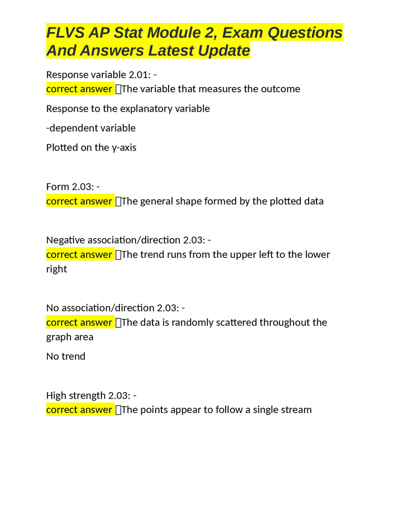 FLVS AP Statistics Module 2 Exam Questions and Answers | Exams Statistics | Docsity