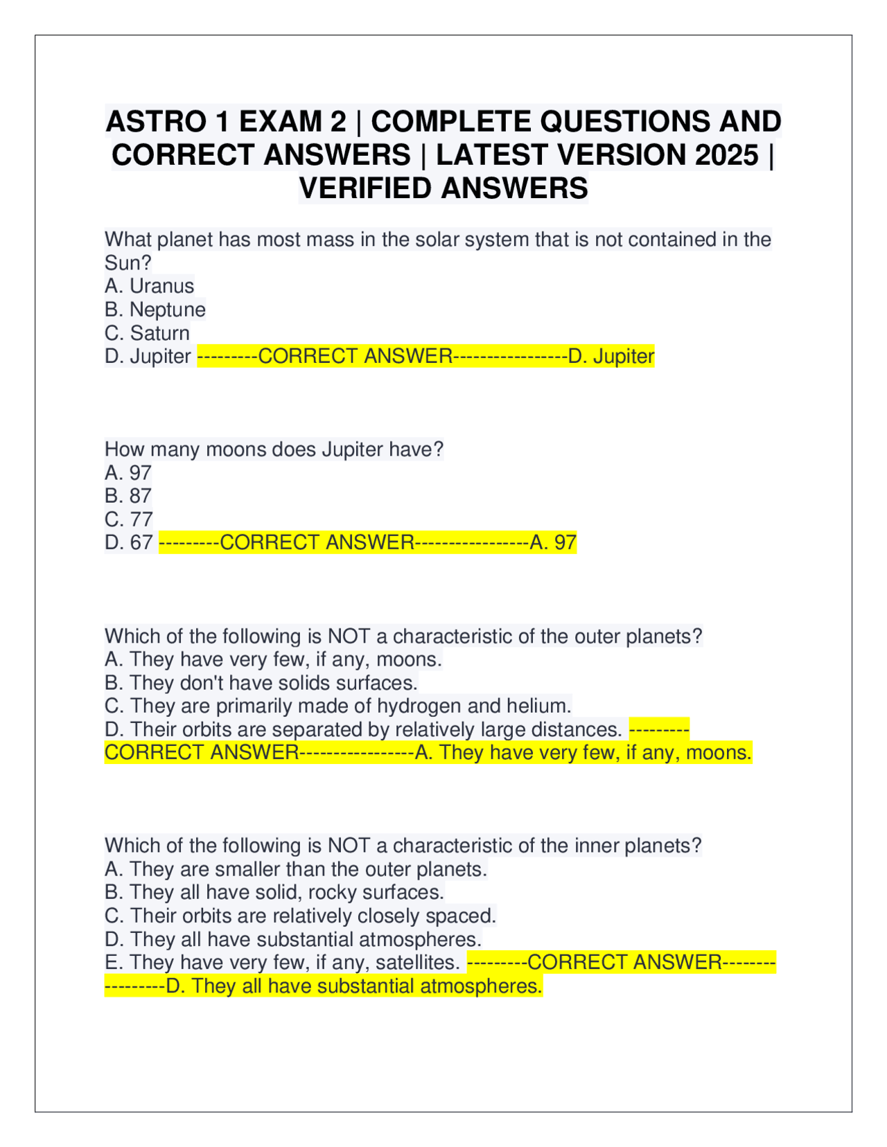 ASTRO 1 EXAM 2: Complete Questions and Answers | Exams Astronomy | Docsity