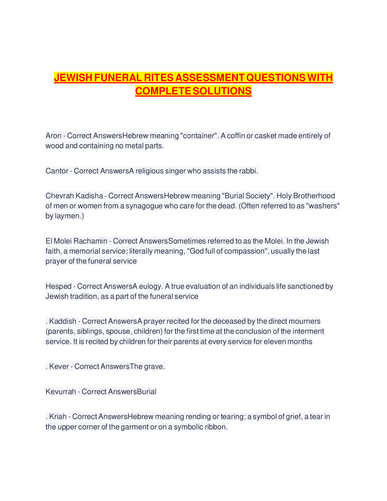JEWISH FUNERAL RITES ASSESSMENT QUESTIONS WITH COMPLETE SOLUTIONS ...