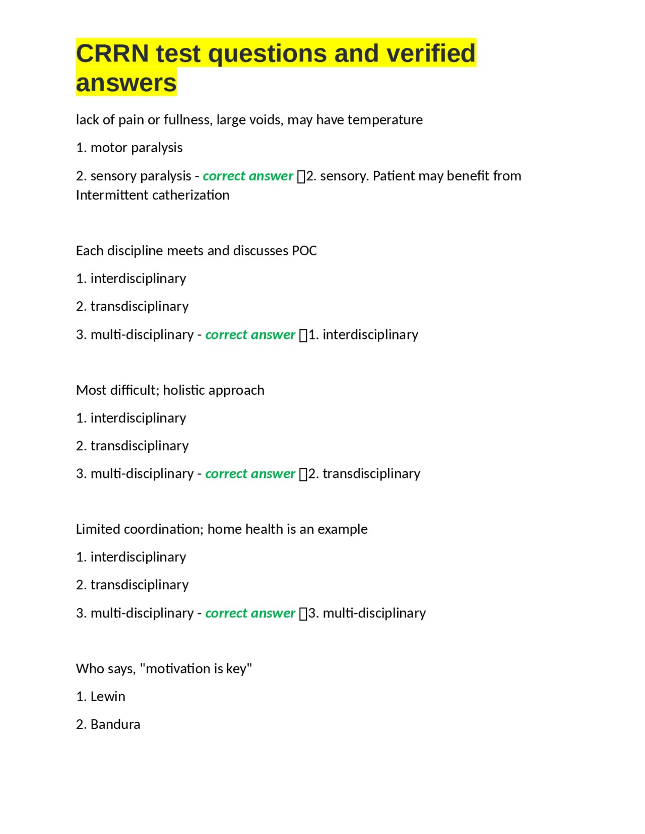 CRRN Exam Preparation: Questions and Answers | Exams Nursing | Docsity