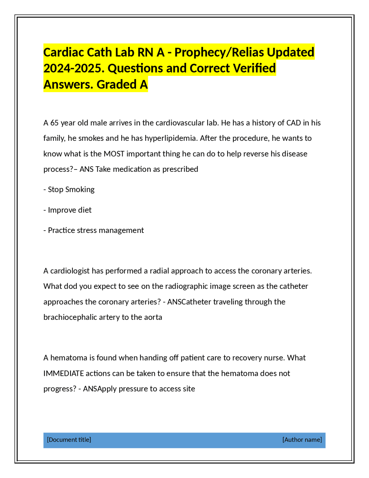 Cardiac Cath Lab RN A - Prophecy/Relias Updated 2024-2025: Questions ...