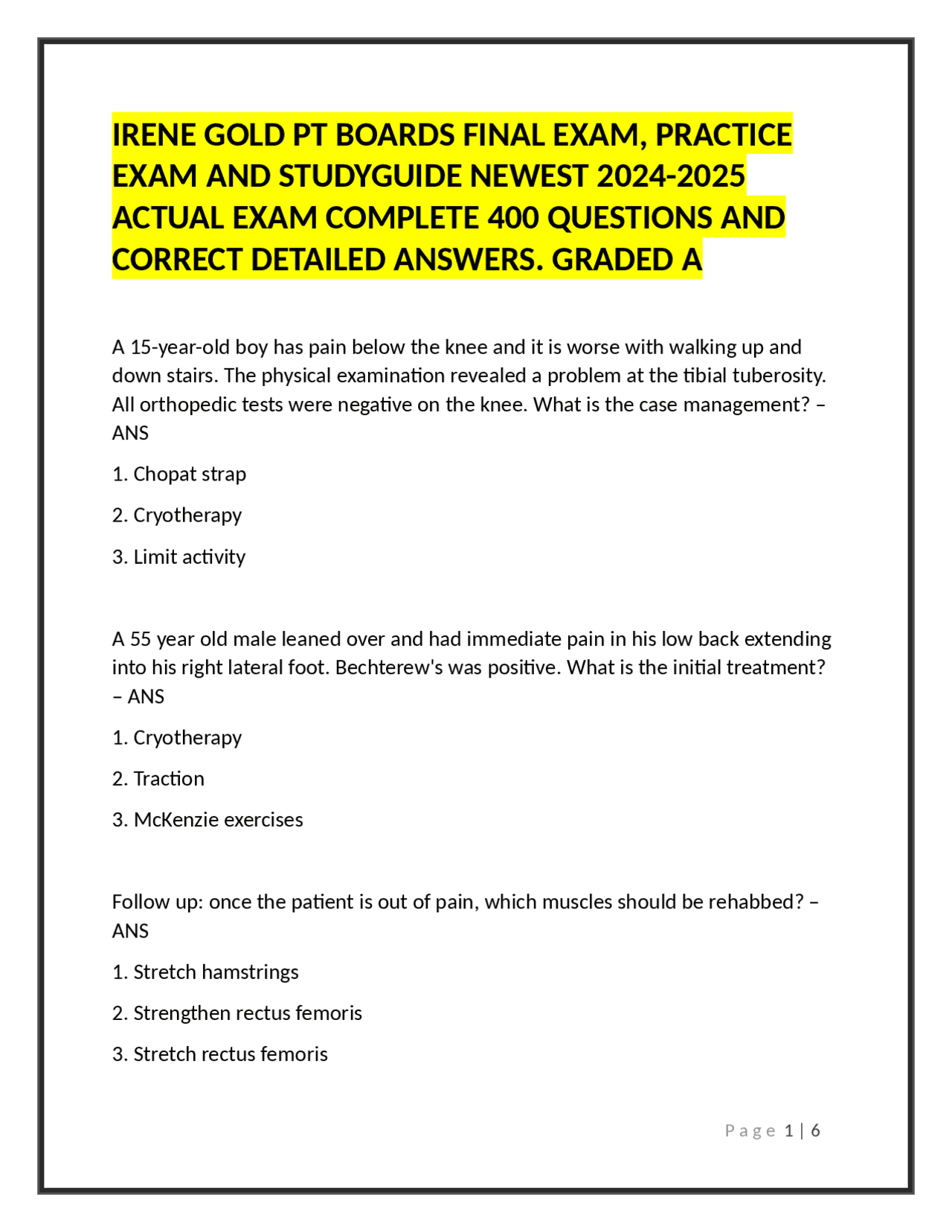 IRENE GOLD PT BOARDS FINAL EXAM PRACTICE EXAM AND STUDYGUIDE | Exams ...