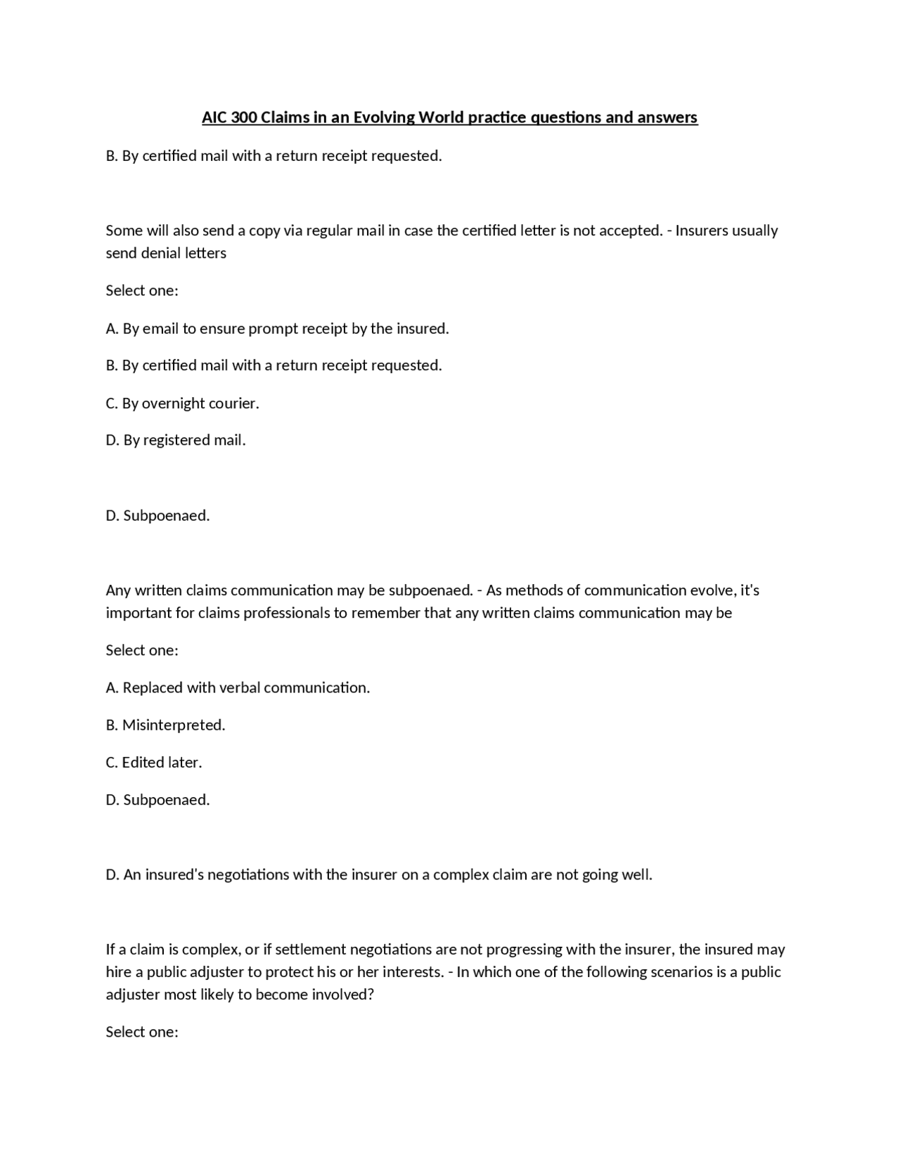 AIC 300 Claims in an Evolving World: Practice Questions and Answers ...