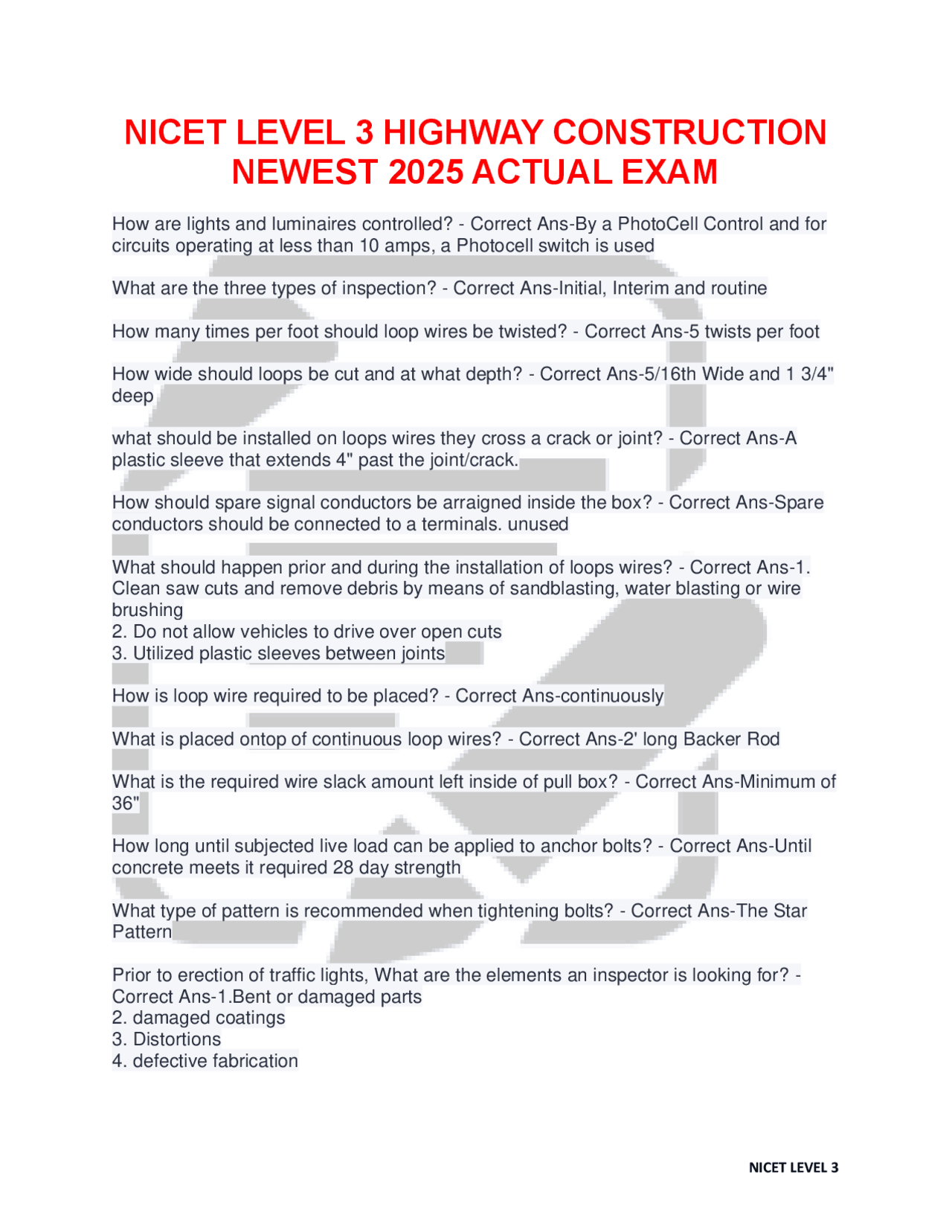 NICET LEVEL 3 HIGHWAY CONSTRUCTION NEWEST 2025 ACTUAL EXAM | Exams ...