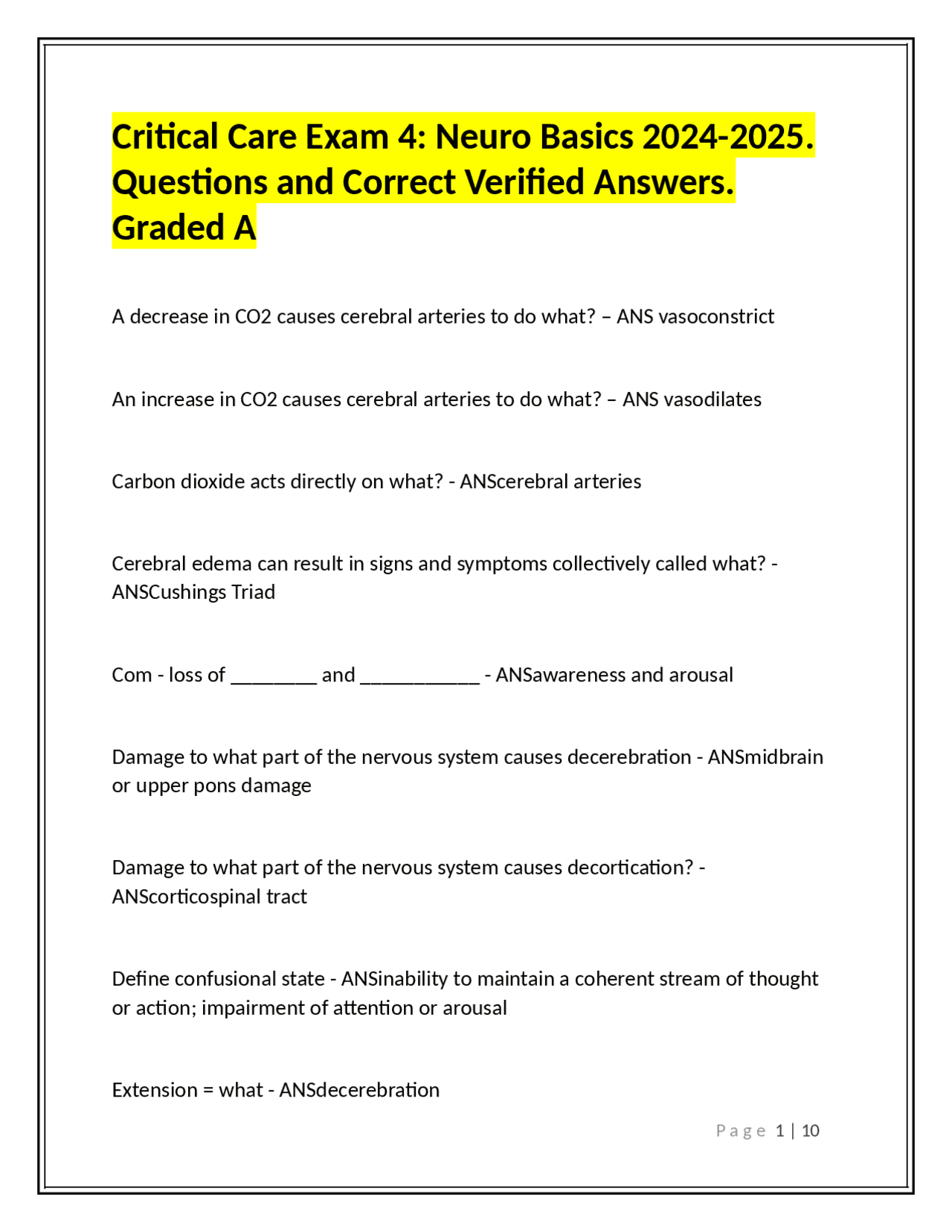 Critical Care Exam 4: Neuro Basics 2024-2025 - Questions and Answers ...