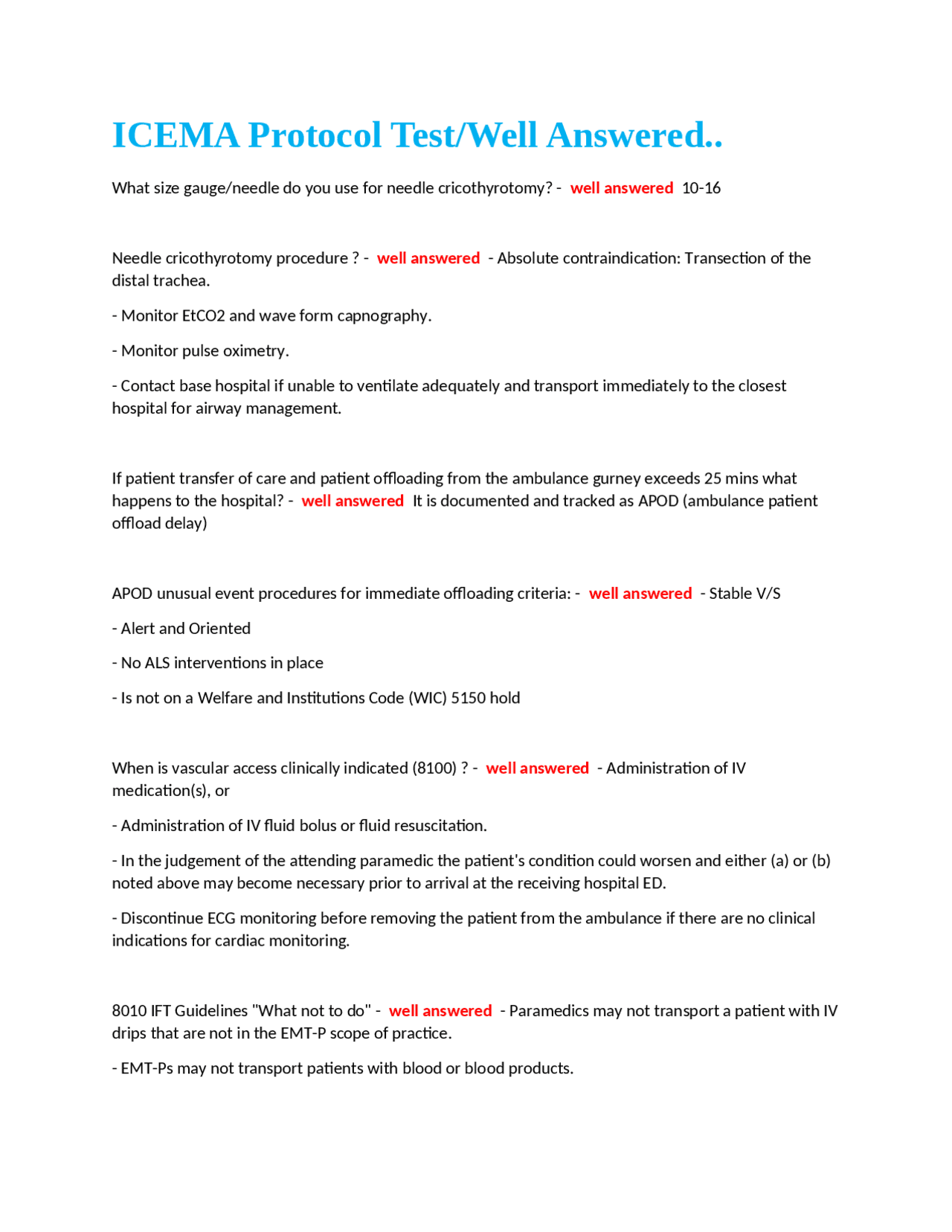 ICEMA Protocol Test/Well Answered.. | Exams Health sciences | Docsity