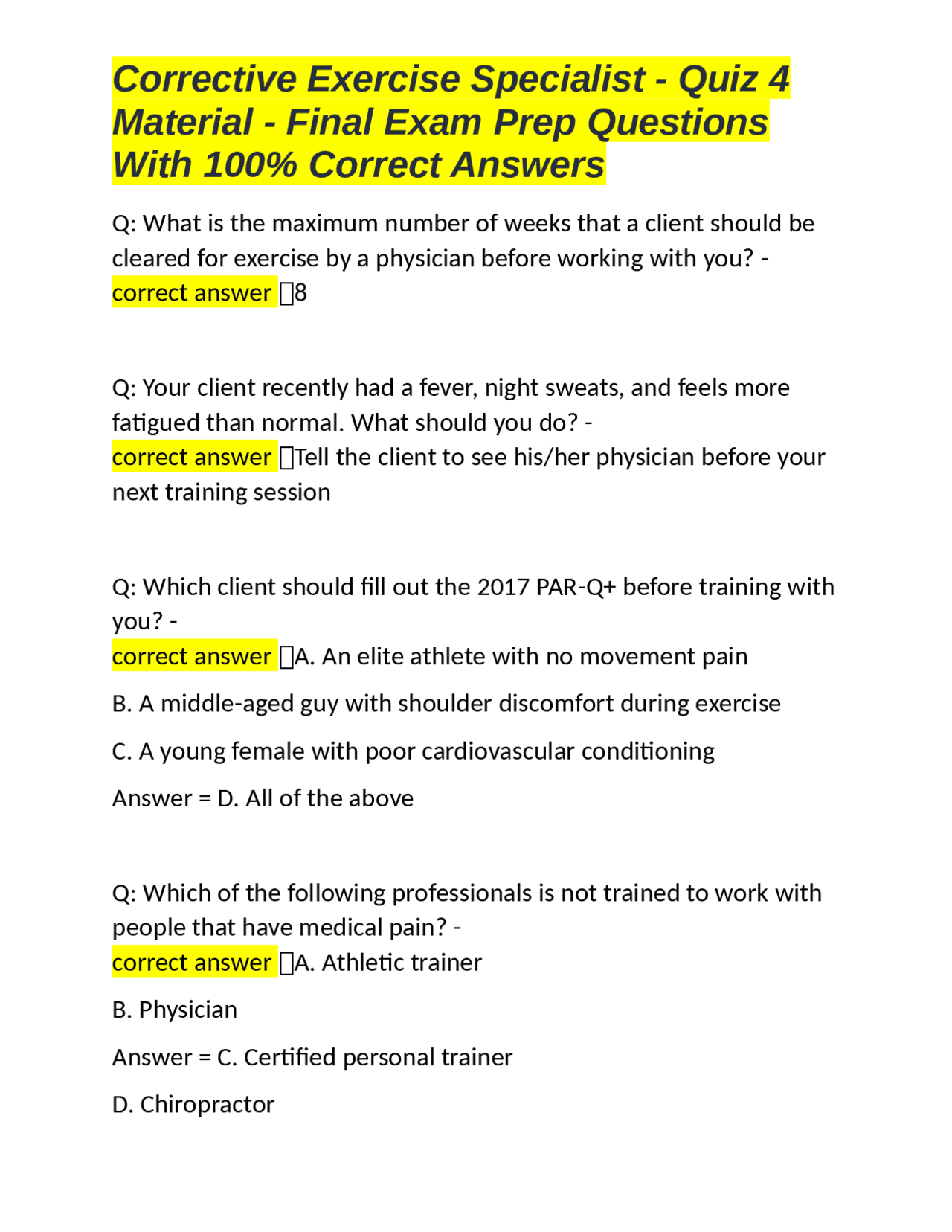 Corrective Exercise Specialist - Quiz 4 Material - Final Exam Prep ...
