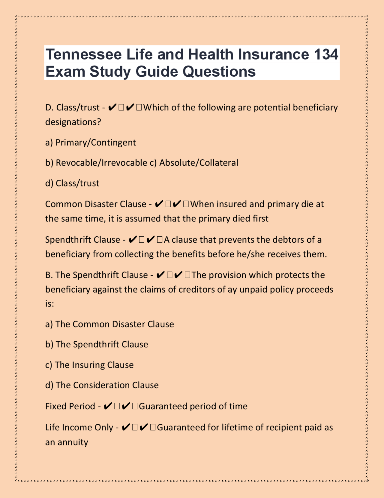 Tennessee Life and Health Insurance 134 Exam Study Guide Questions With ...
