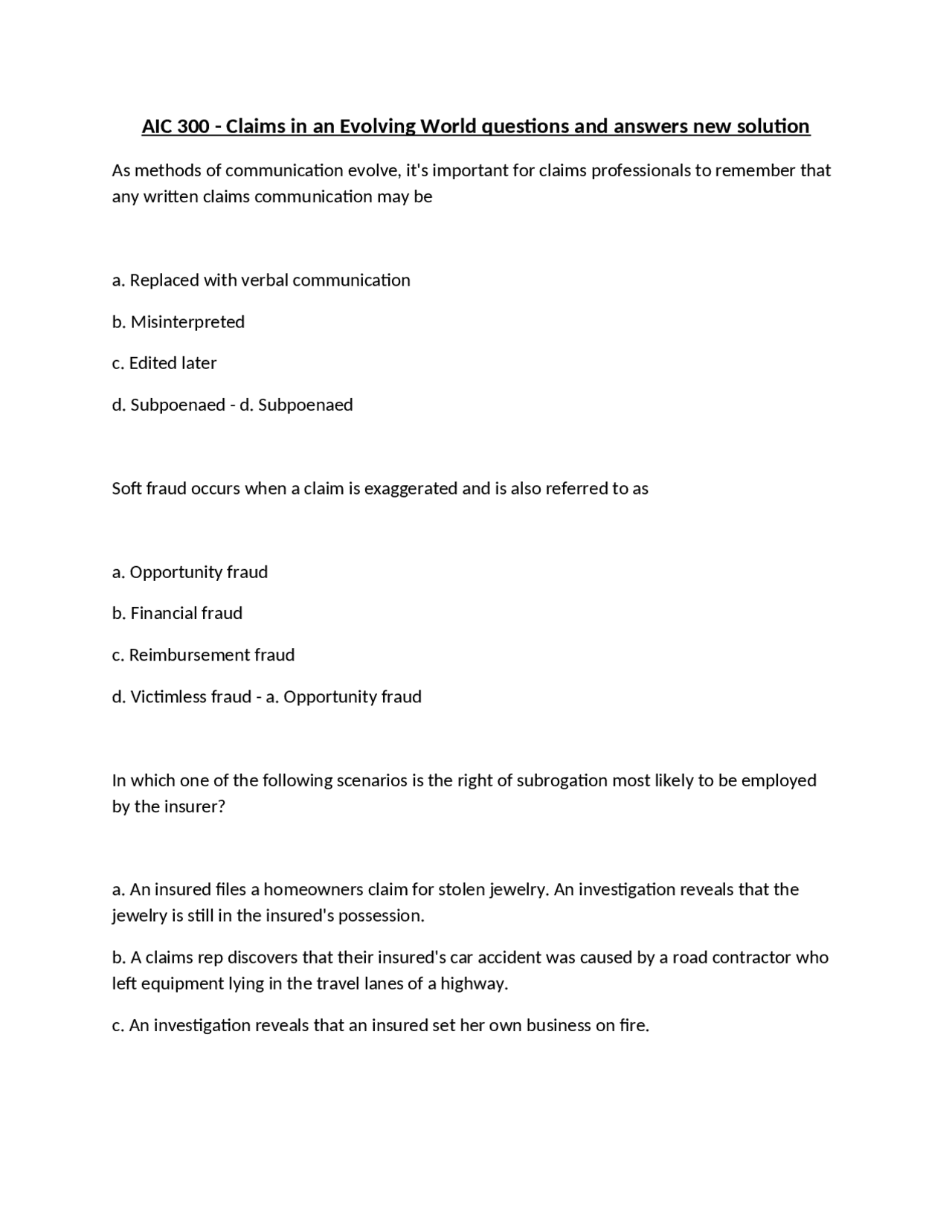 AIC 300 - Claims in an Evolving World: Multiple Choice Questions and ...