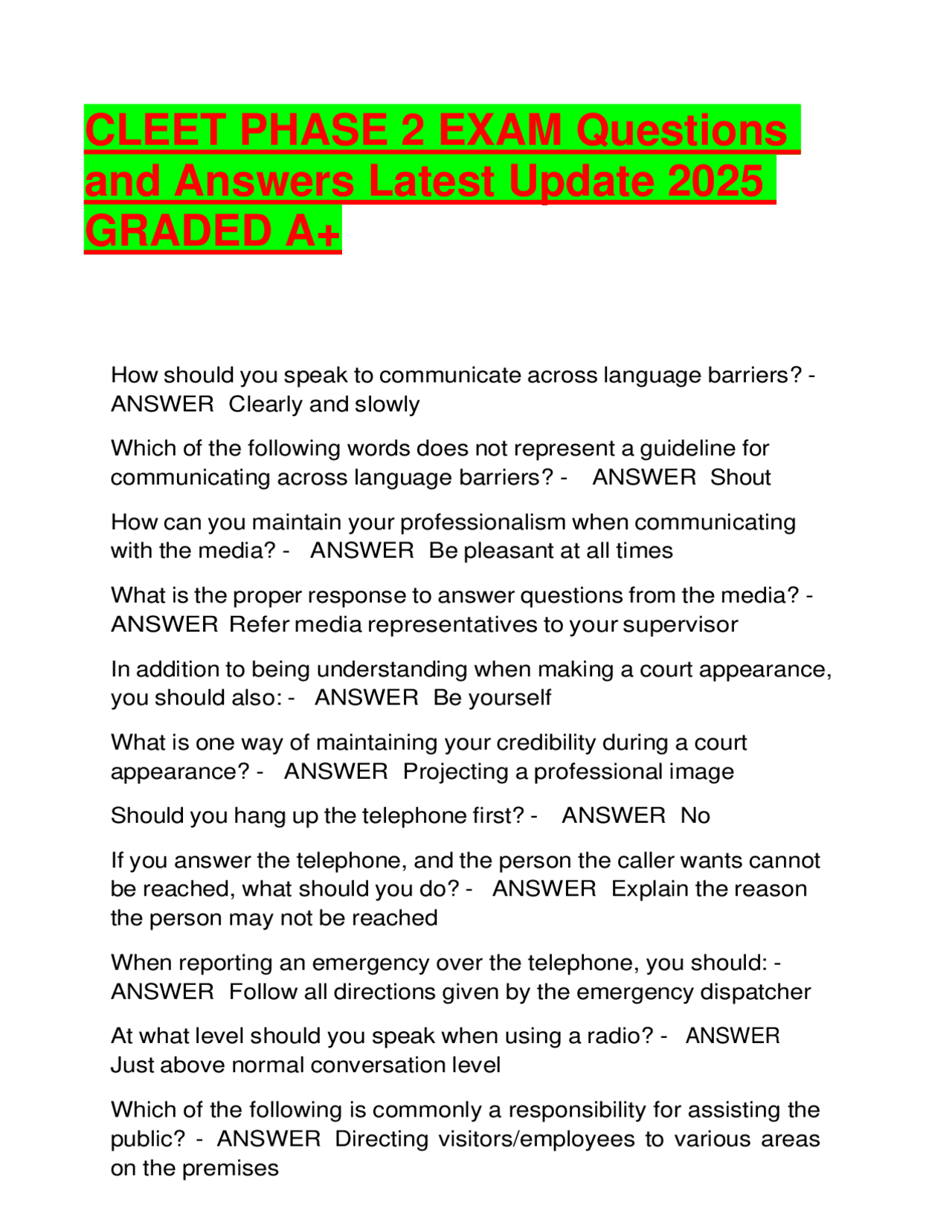 CLEET Phase 2 Exam Questions and Answers: Security Guard Training ...