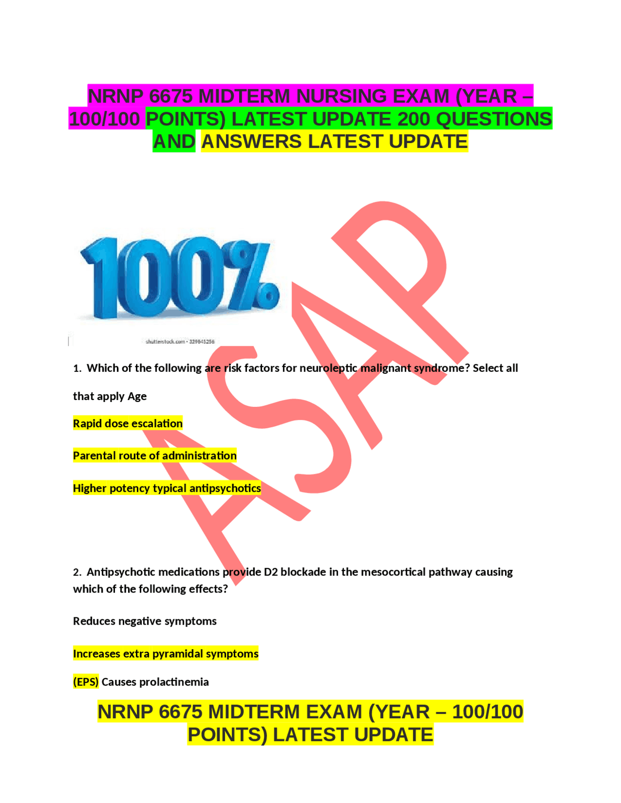 NRNP 6675 MIDTERM NURSING EXAM (YEAR–100/100 POINTS) LATEST UPDATE 200 ...