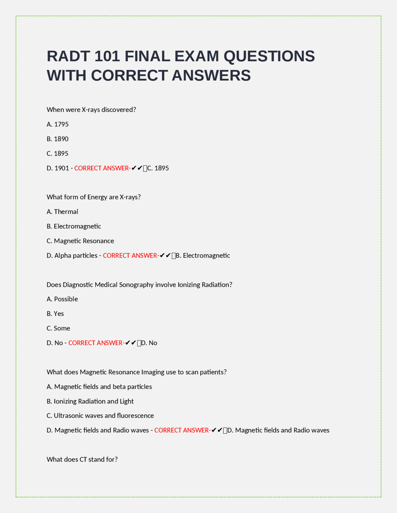RADT 101 FINAL EXAM QUESTIONS WITH CORRECT ANSWERS. | Exams Nursing ...