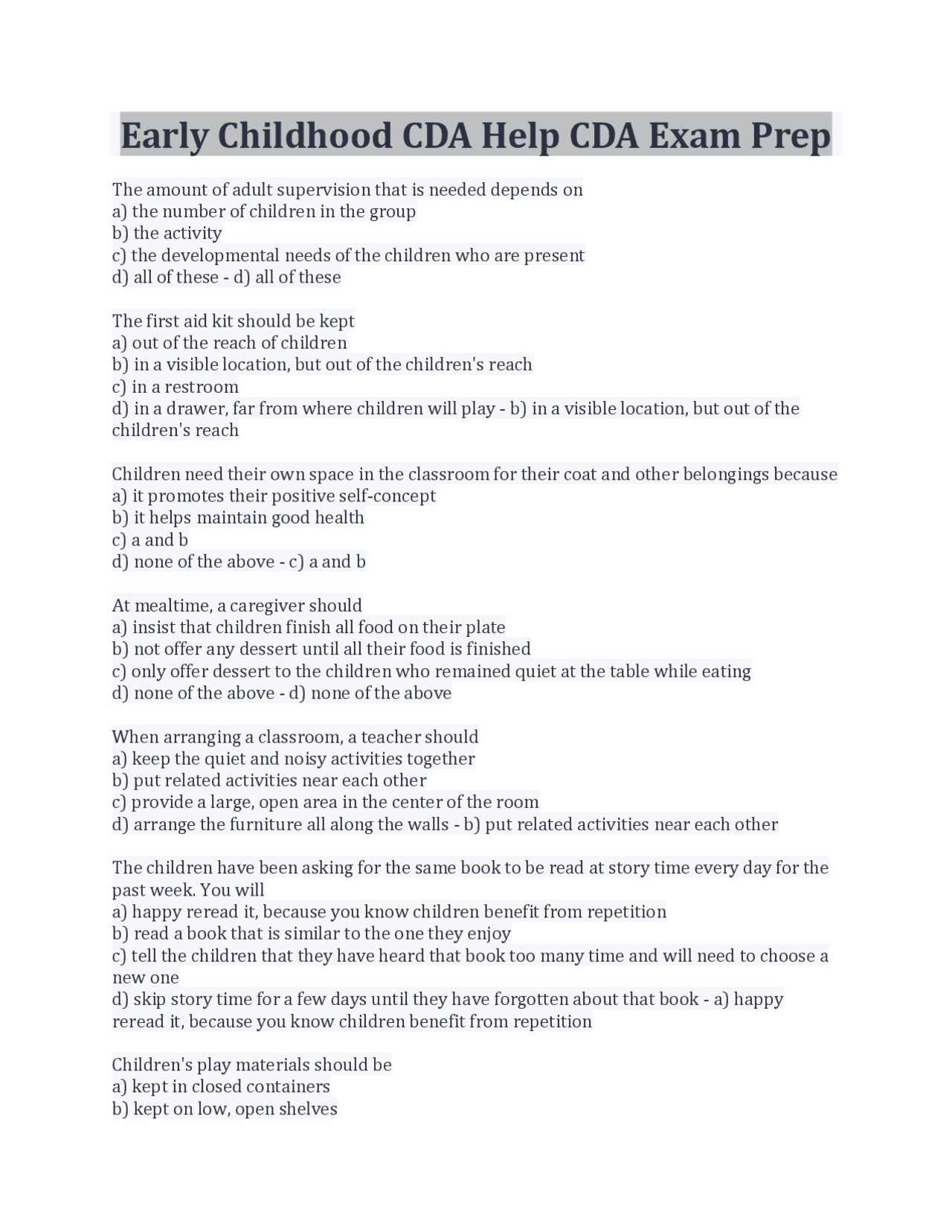 Early Childhood CDA Exam Prep: Multiple Choice Questions and Answers | Exams Advanced Education ...