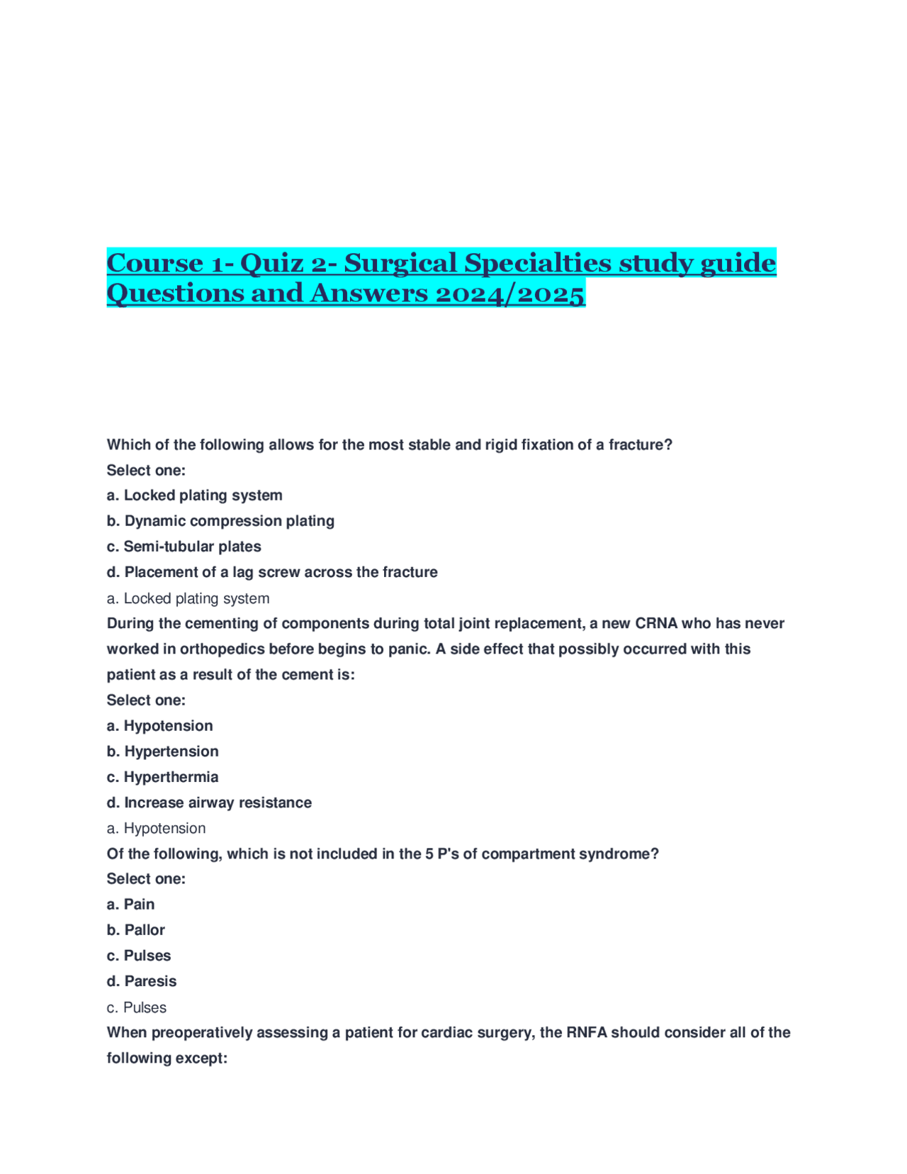 Surgical Specialties Study Guide: Quiz 2 Questions and Answers | Exams ...