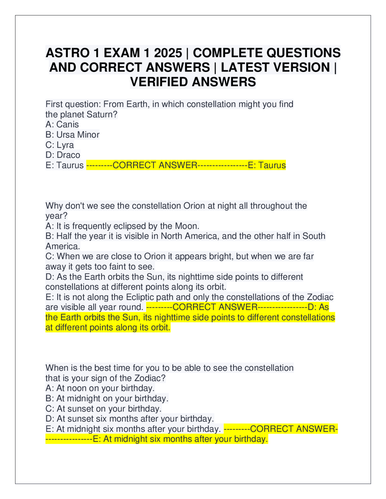 ASTRO 1 EXAM 1 2025: Complete Questions and Answers | Exams Astronomy | Docsity