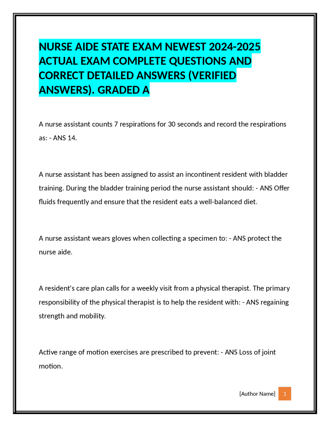 NURSE AIDE STATE EXAM NEWEST 2024-2025 ACTUAL EXAM COMPLETE QUESTIONS ...