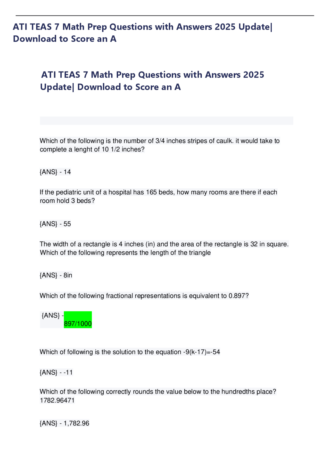 Math Practice Questions for Standardized Tests | Exams Nursing | Docsity