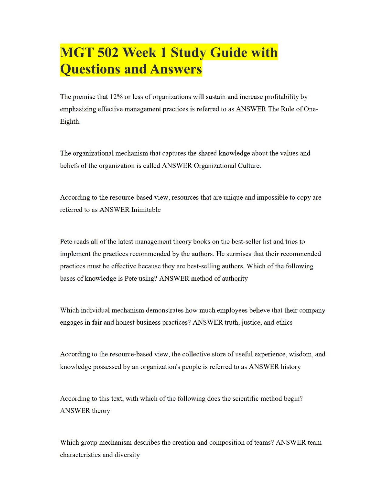 MGT 502 Week 1 Study Guide with Questions and Answers | Exams Business Management and Analysis ...