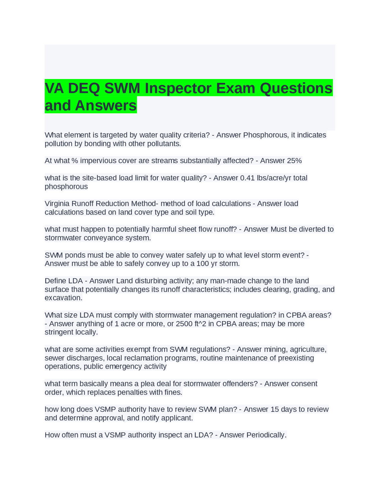 VA DEQ SWM Inspector Exam Questions and Answers | Exams Advanced ...
