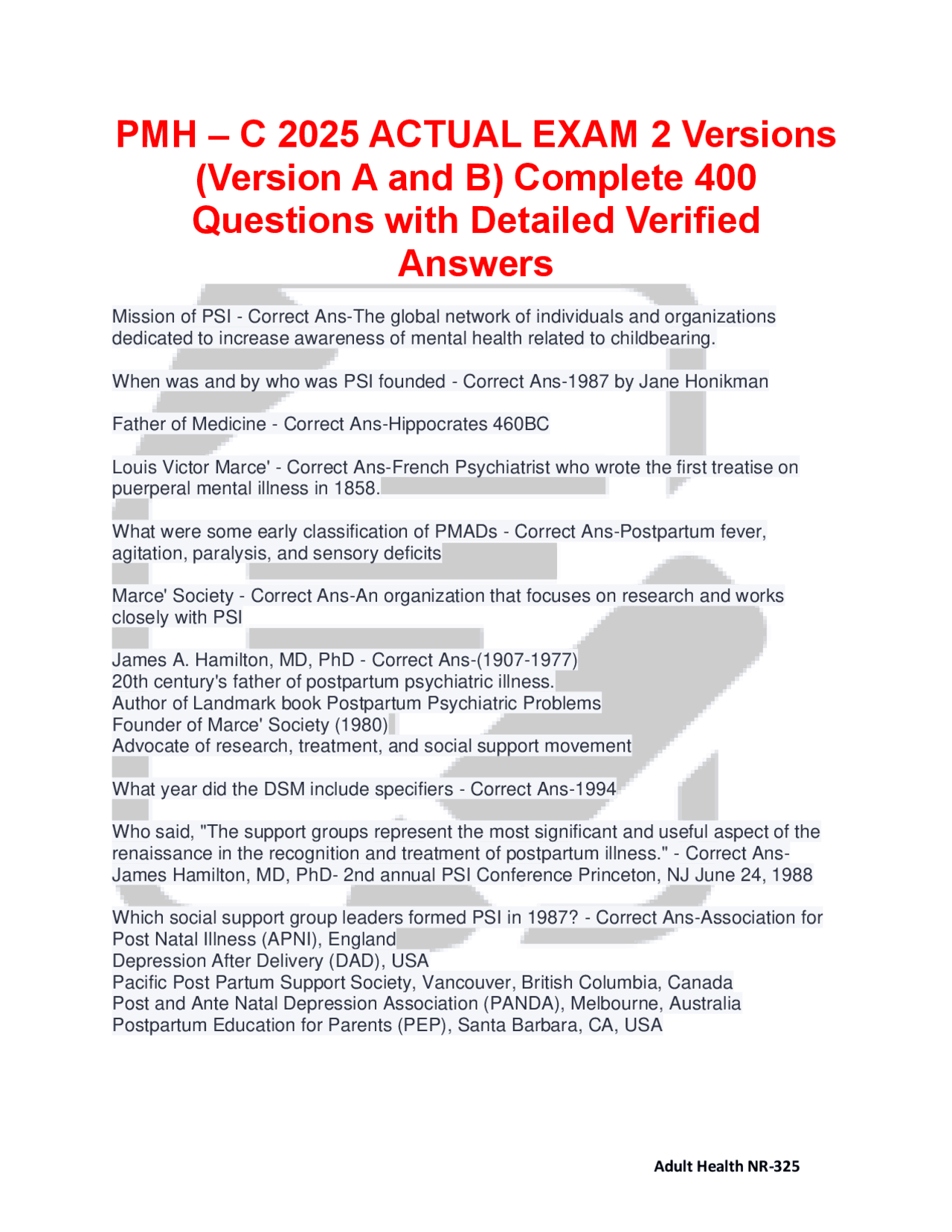 Adult Health NR-325: PMH - C 2025 Exam 2 Versions (A & B) - 400 ...