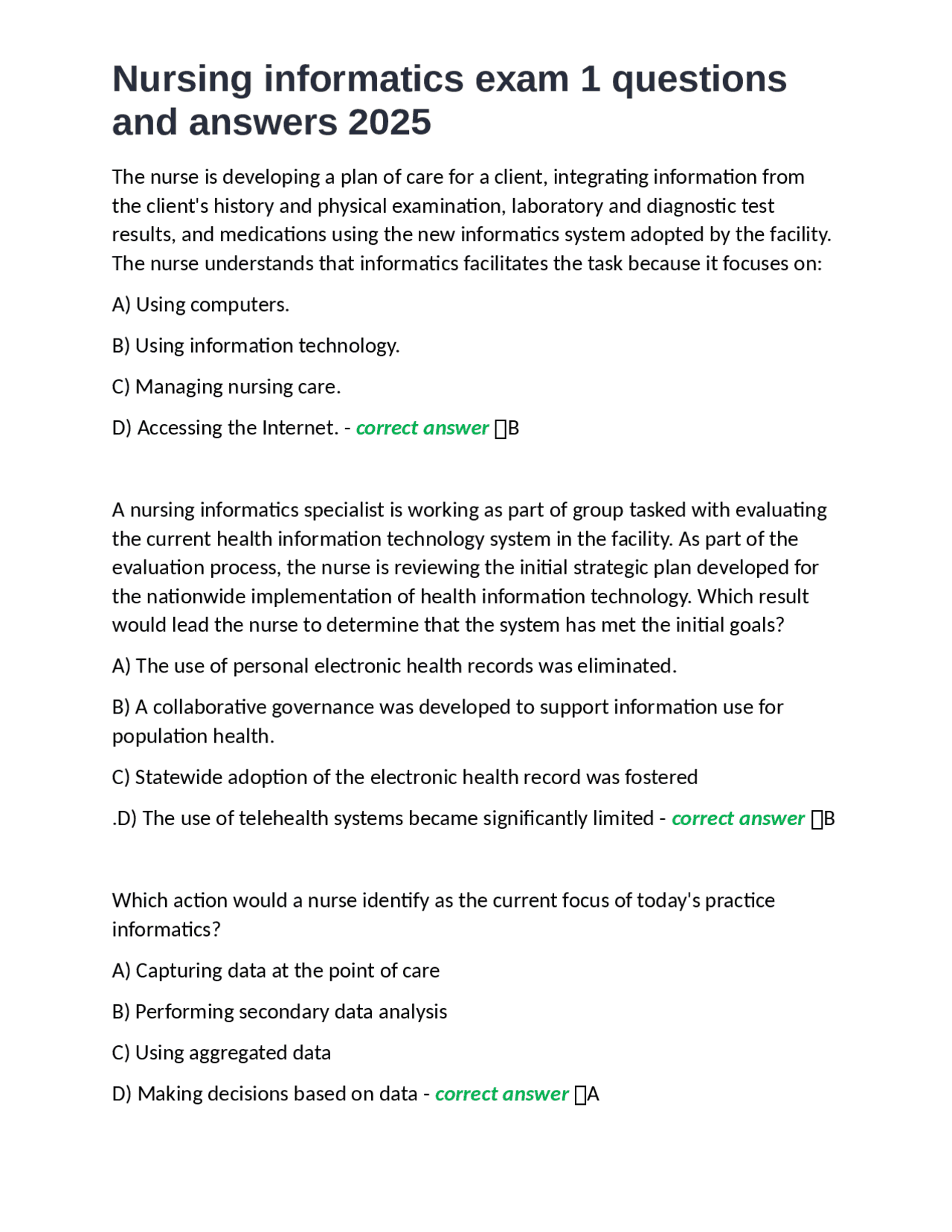 Nursing Informatics Exam 1 Questions and Answers 2025 | Exams Nursing ...
