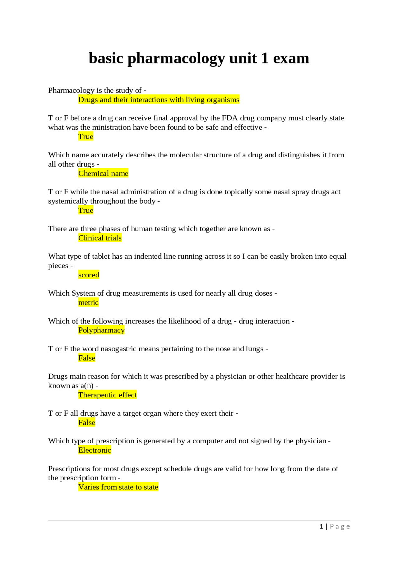 basic pharmacology unit 1 exam | Exams Pharmacology | Docsity