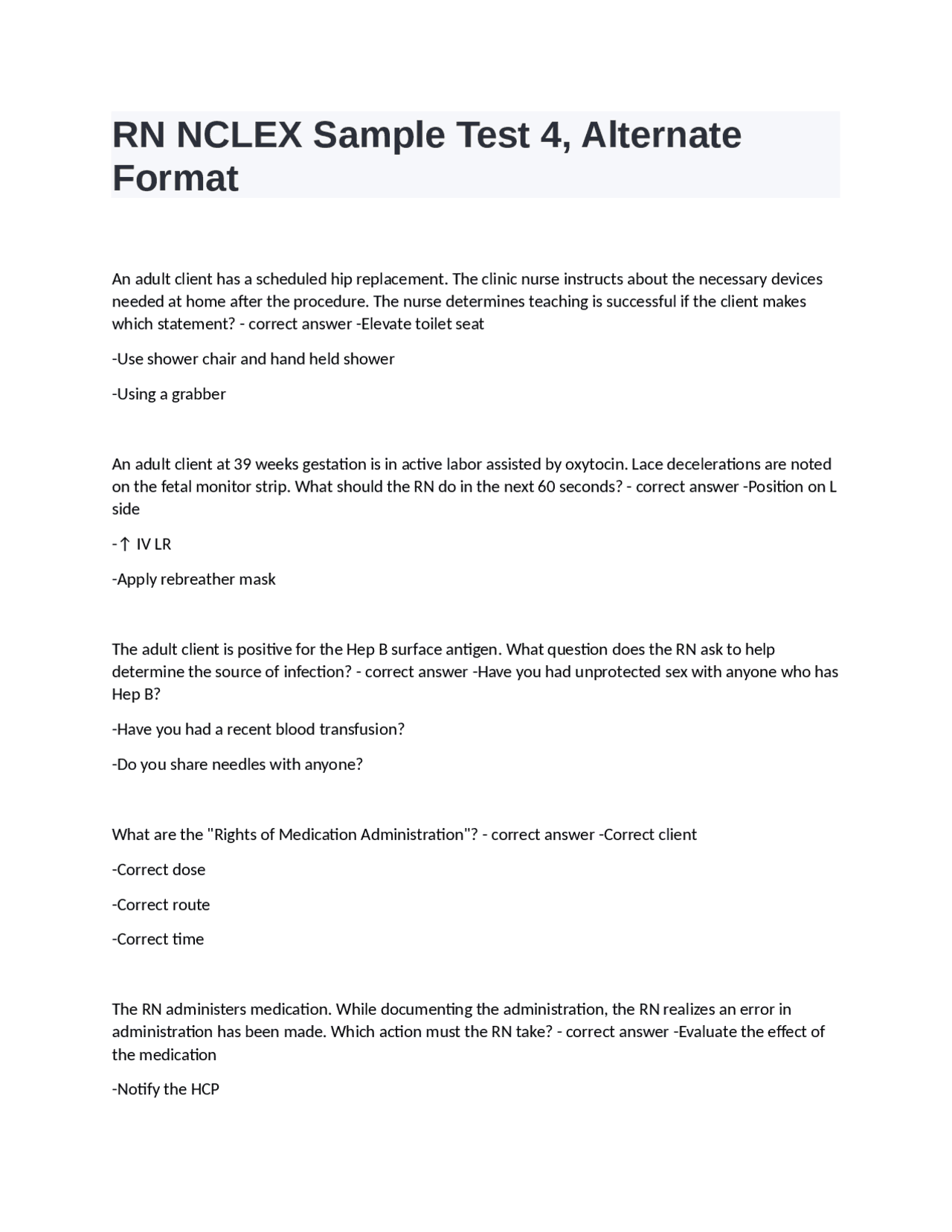 RN NCLEX Sample Test 4, Alternate Format | Exams Nursing | Docsity