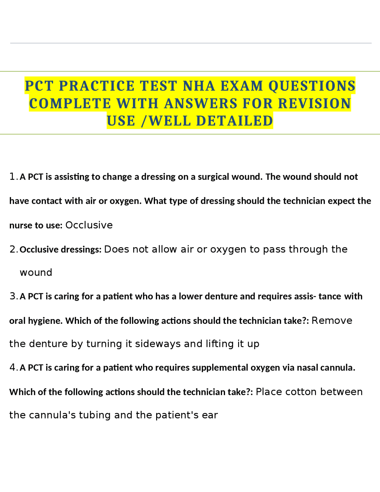 PCT PRACTICE TEST NHA EXAM QUESTIONS COMPLETE WITH ANSWERS FOR REVISION ...