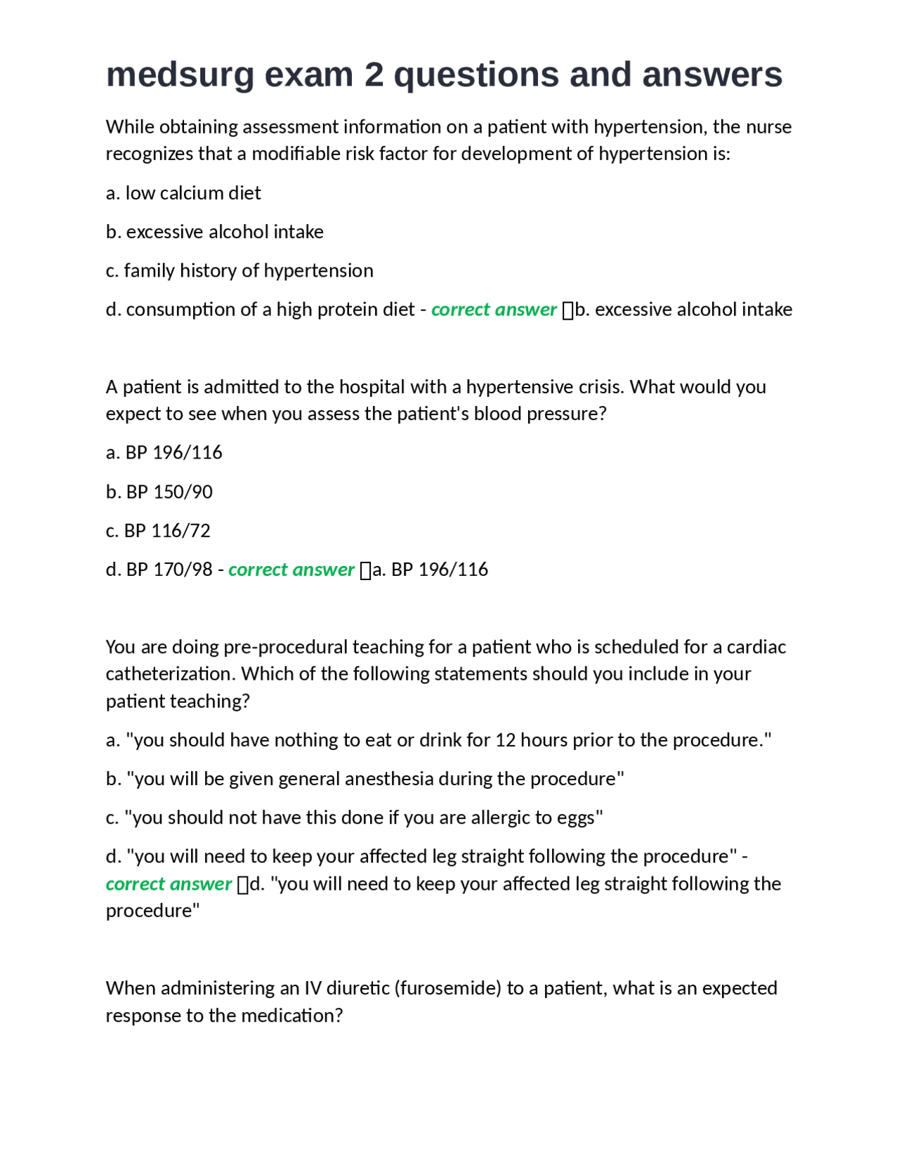 medsurg exam 2 questions and answers | Exams Nursing | Docsity