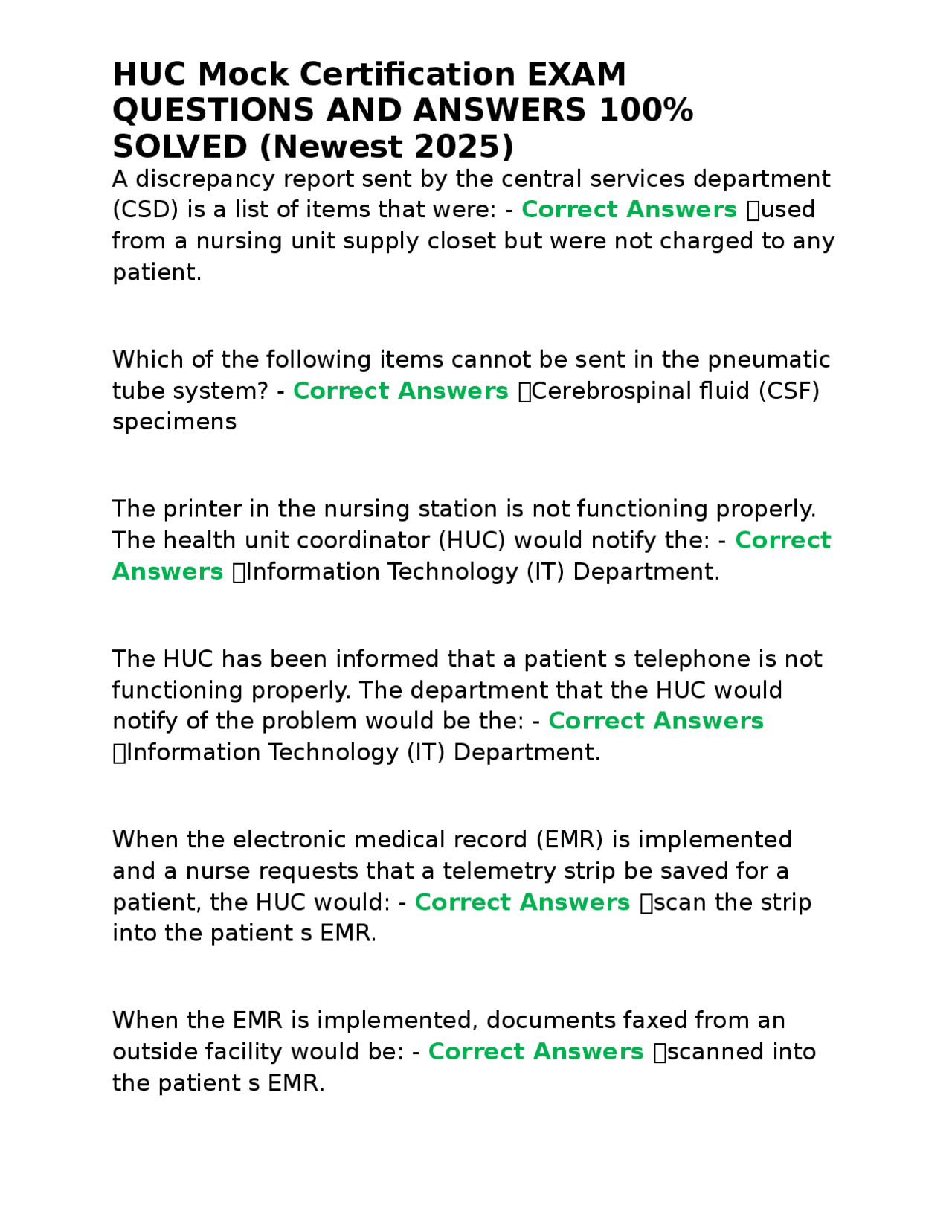 HUC Mock Certification Exam: Questions and Answers (Newest 2025 ...