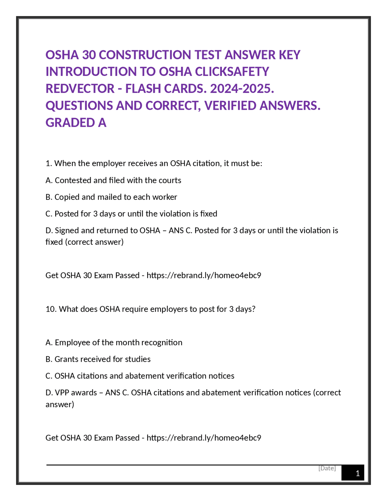 OSHA 30 Construction Test Answer Key: Introduction to OSHA ClickSafety ...