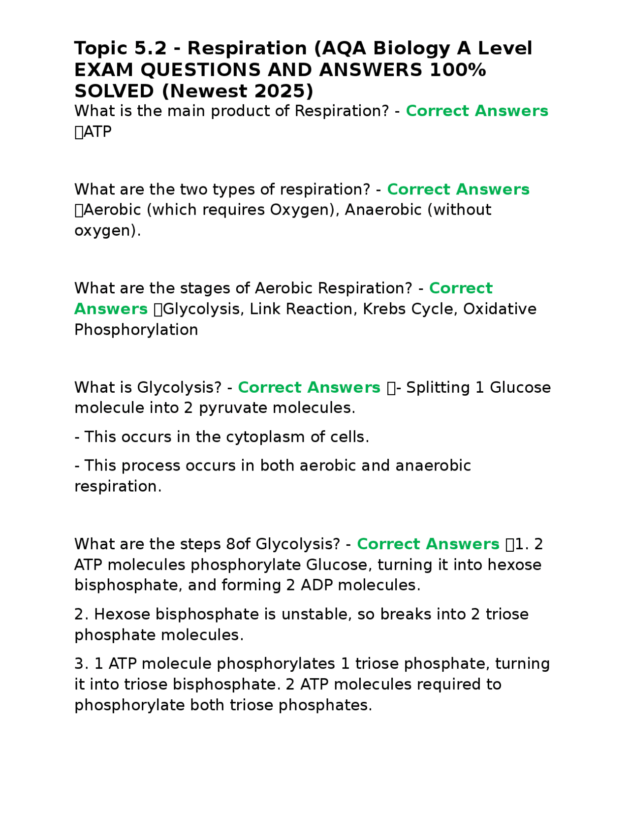 Topic 5.2 - Respiration (AQA Biology A Level EXAM QUESTIONS AND ANSWERS ...