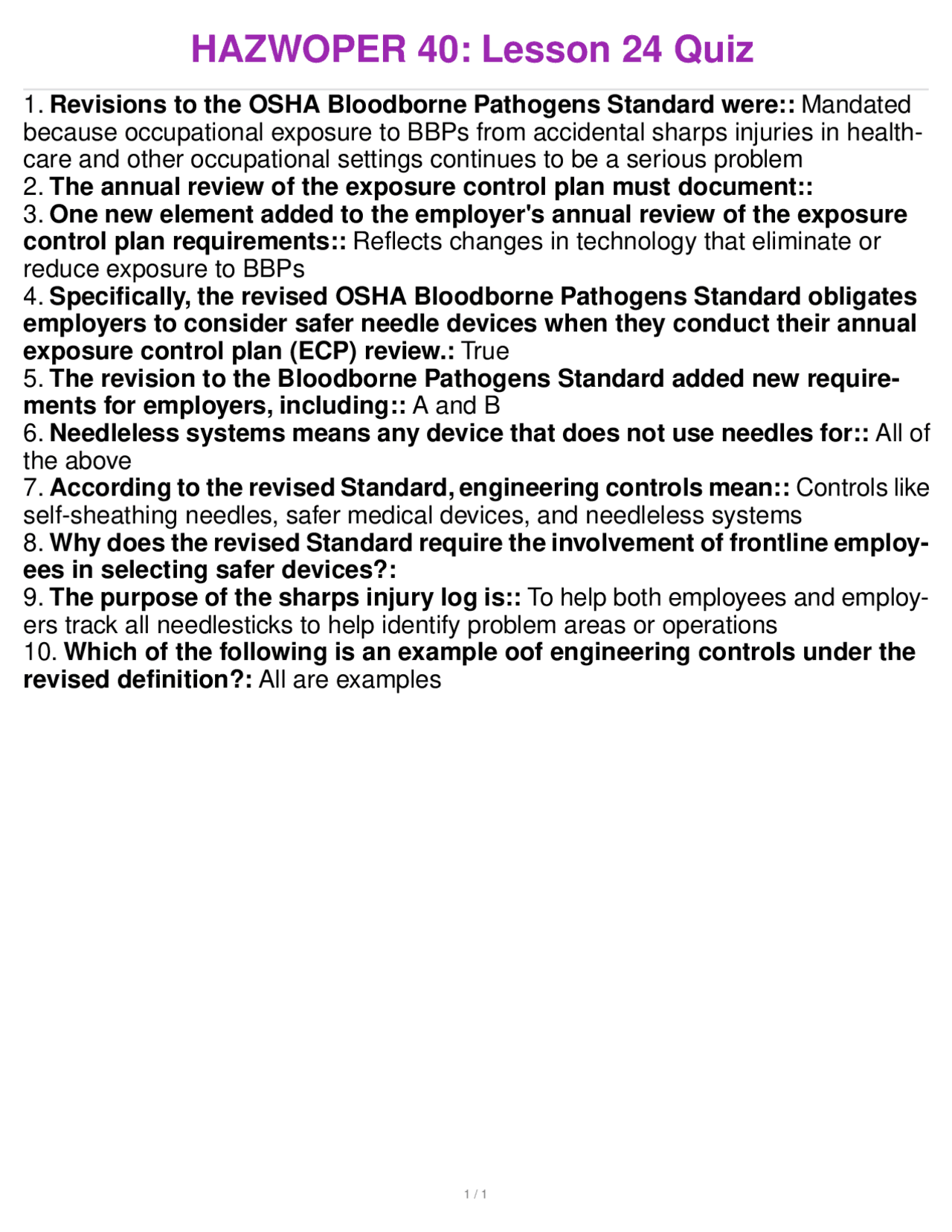 HAZWOPER 40: Lesson 24 Quiz - Bloodborne Pathogens Standard | Quizzes ...