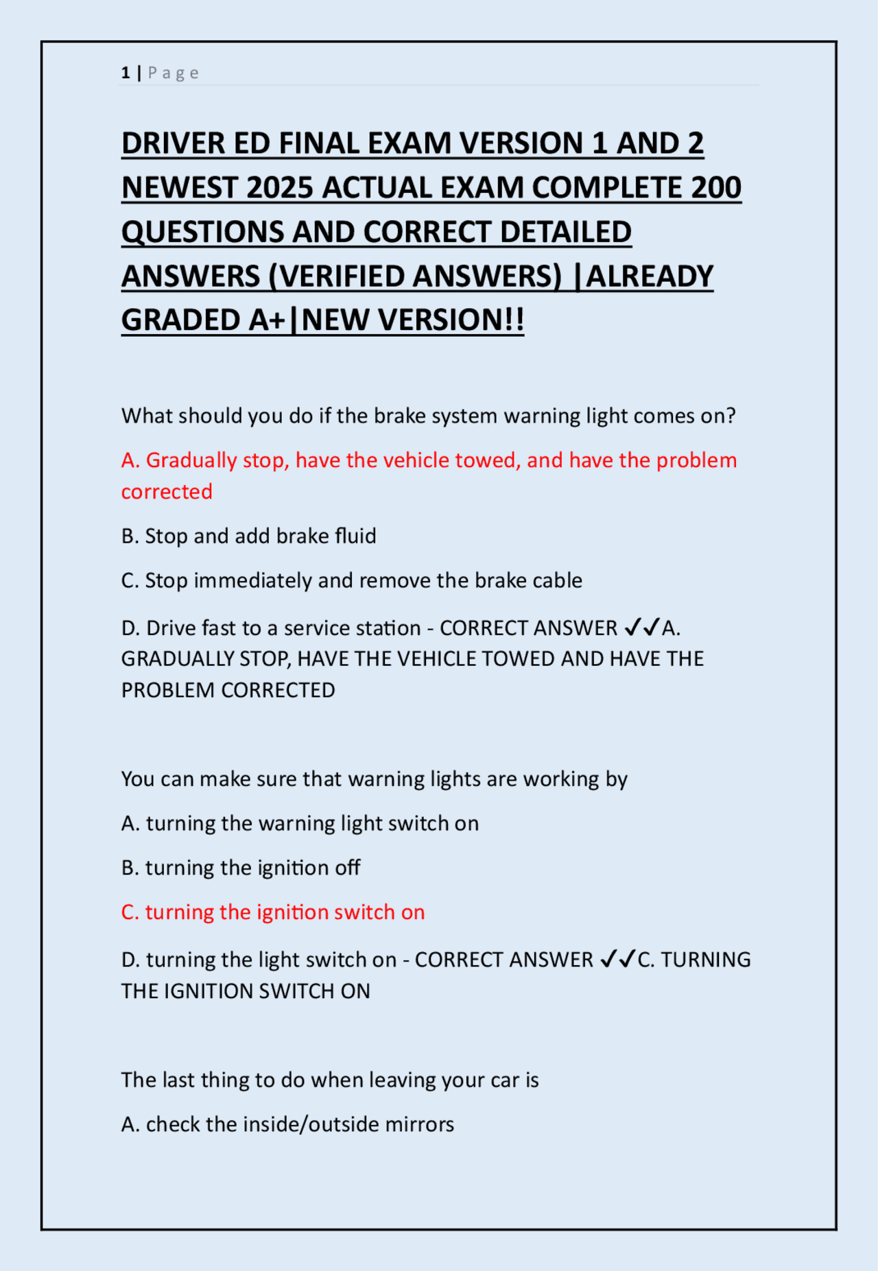 Driver Education Final Exam: Multiple Choice Questions and Answers ...