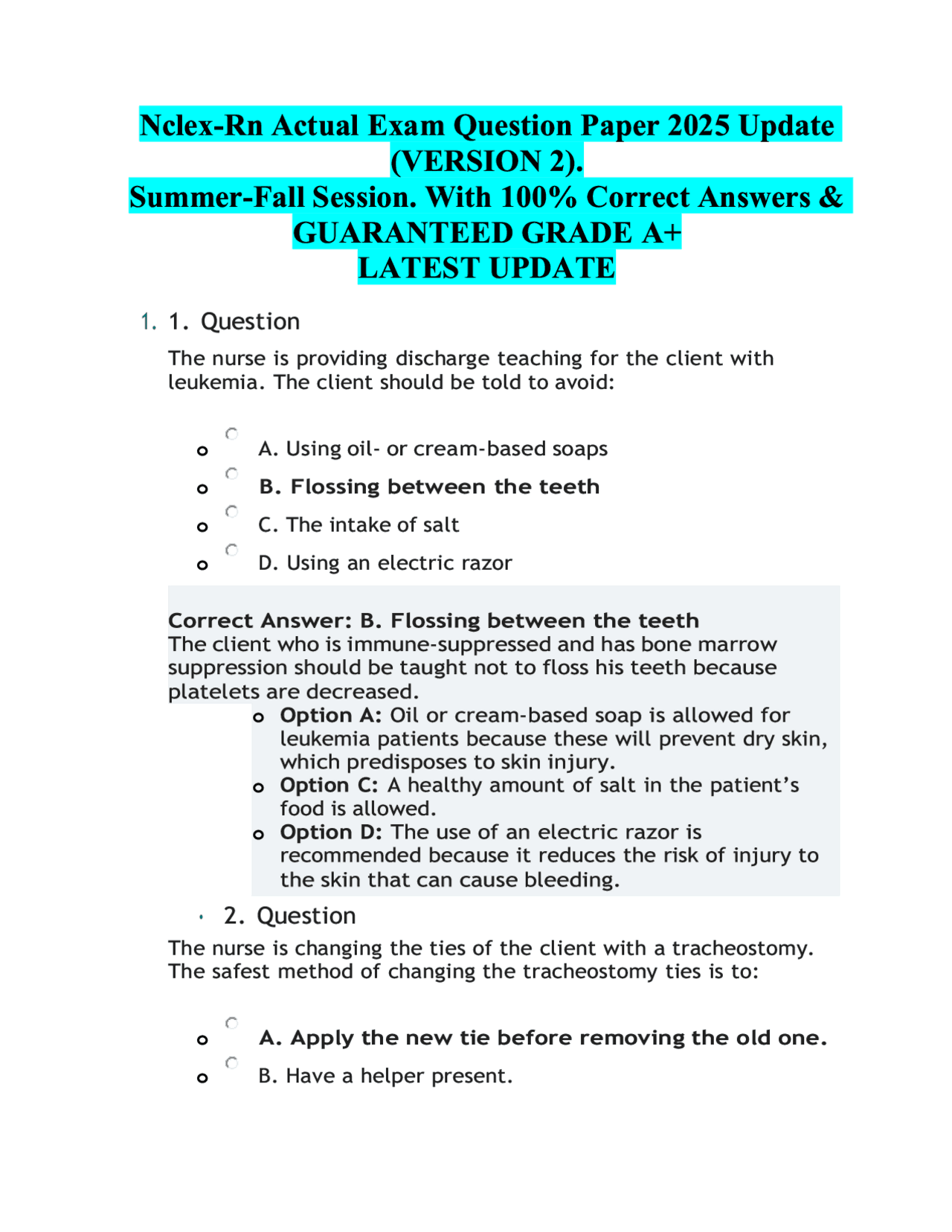 Nclex-Rn Actual Exam Question Paper 2025 Update (VERSION 2). Summer ...