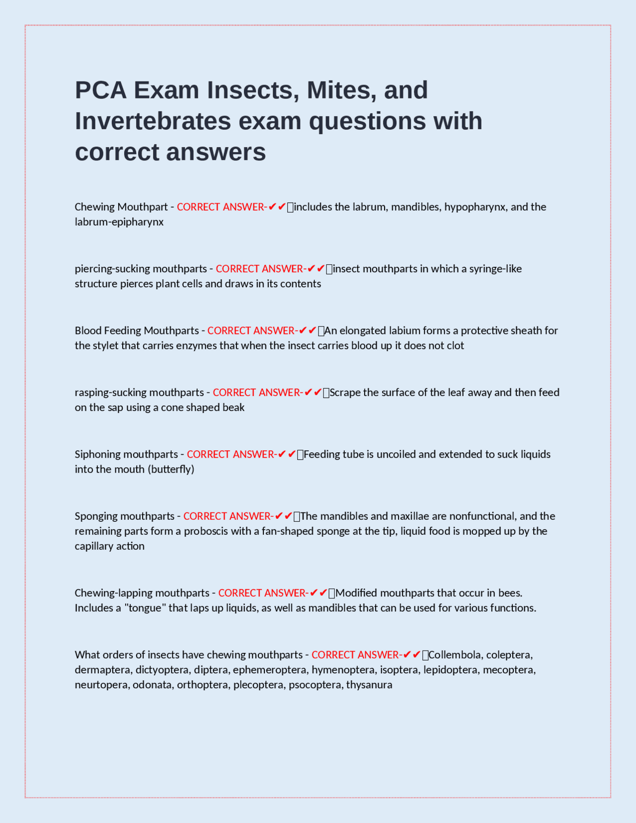 PCA Exam Insects, Mites, and Invertebrates exam questions with correct ...